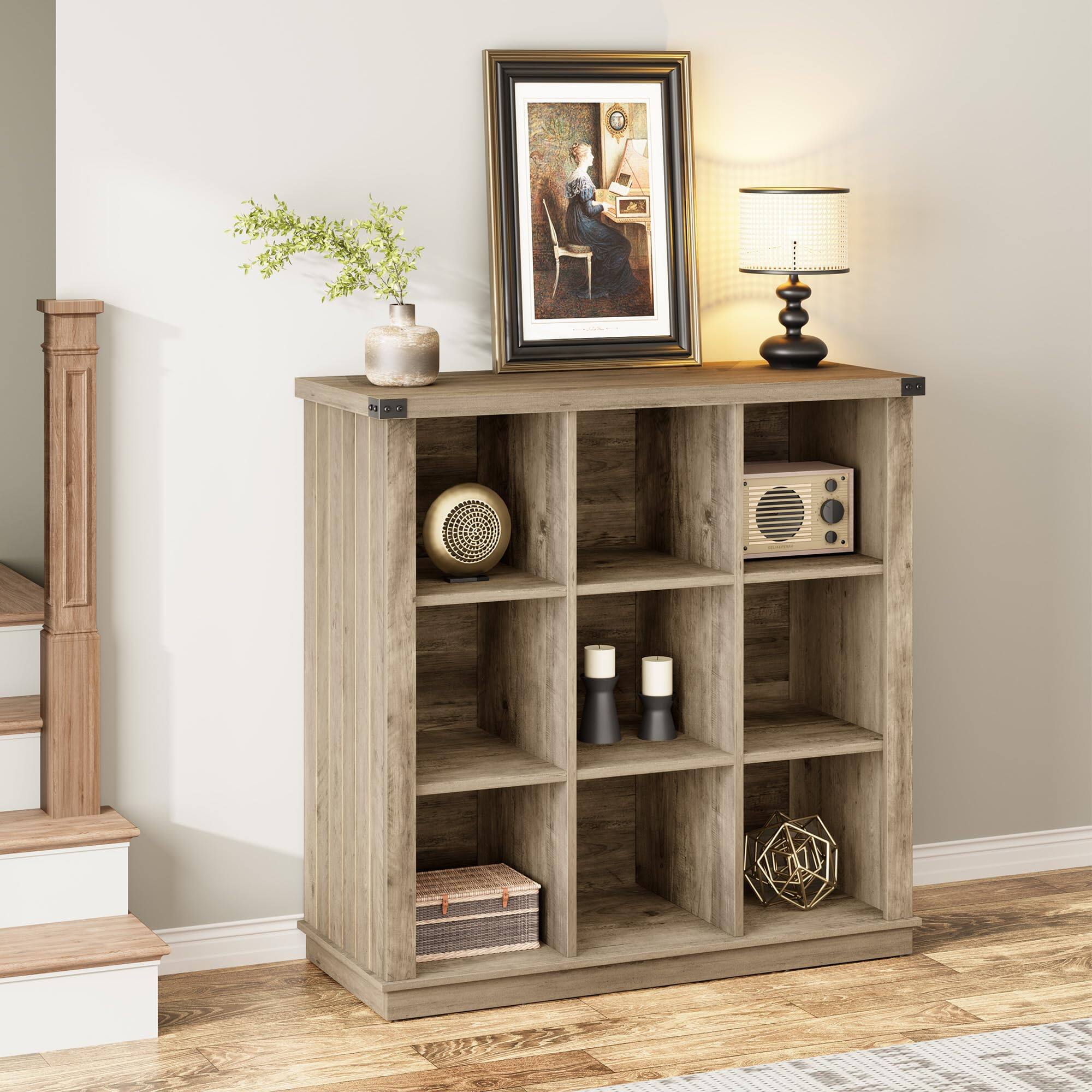 Jojoka 4 Tier 9 Cube Wooden Storage Organizer, 37.4" Long Low Farmhouse ...