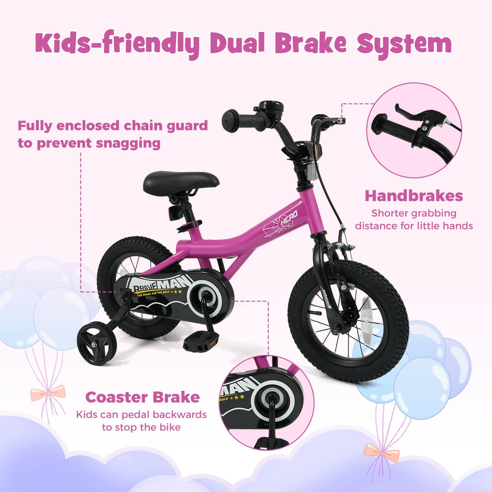 Costway Kids Bike, 12 Inch Bicycle for Children with Removable Training Wheels, Dual Brakes Pink ...