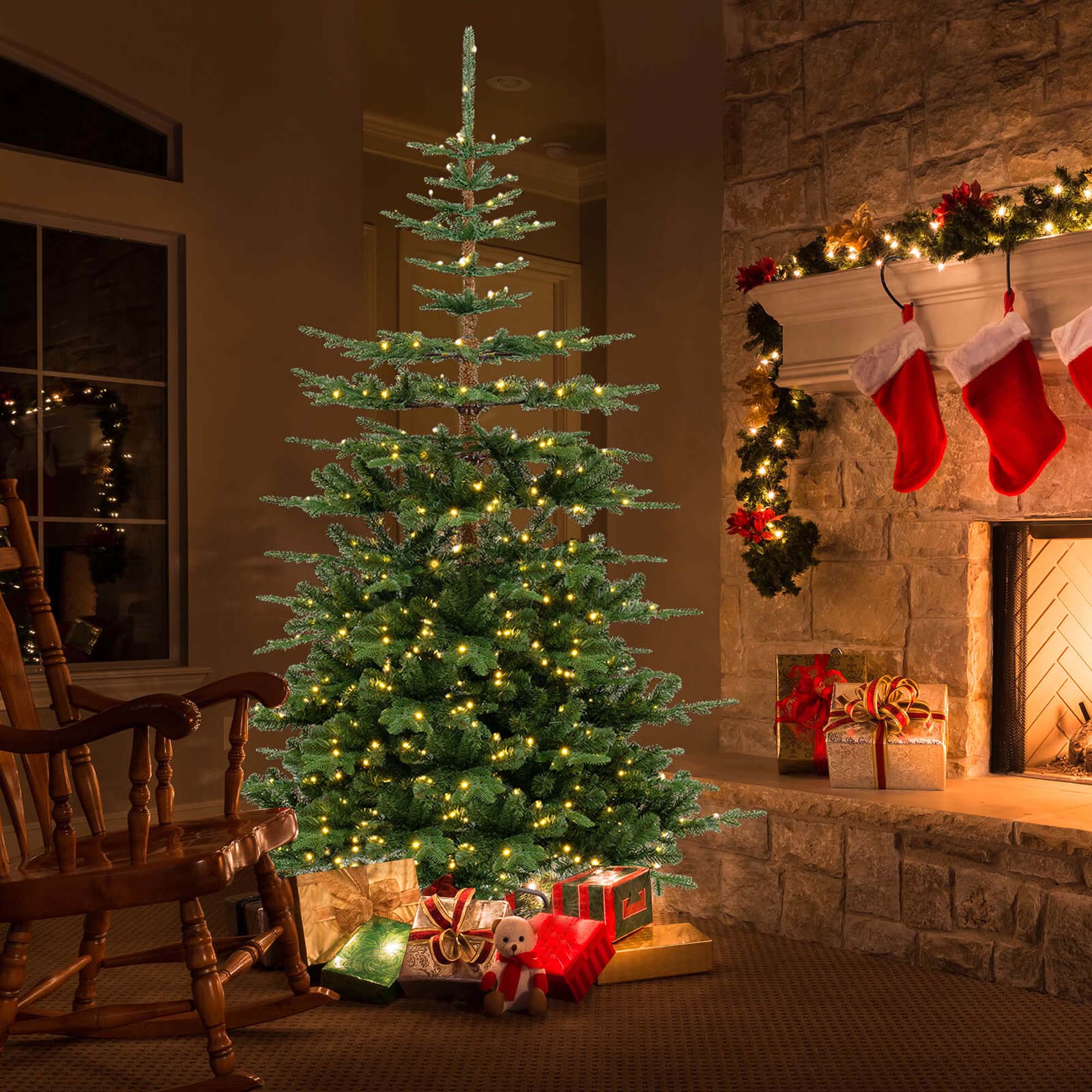 Costway 7 FT Artificial Xmas Tree with 1303 PE PVC Branch Tips 500 Warm White LED Lights Green ...