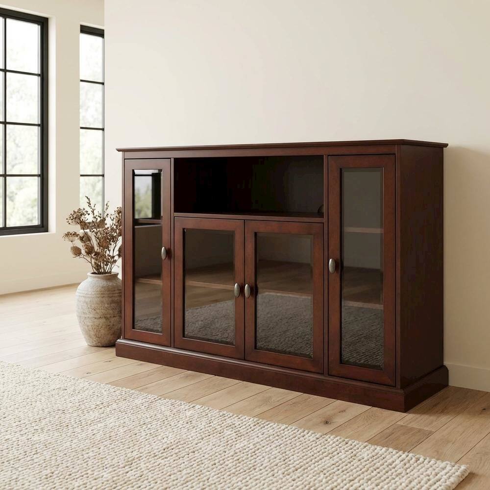 FurniFact Espresso Highboy TV Stand with MDF and tempered glass for 55 ...