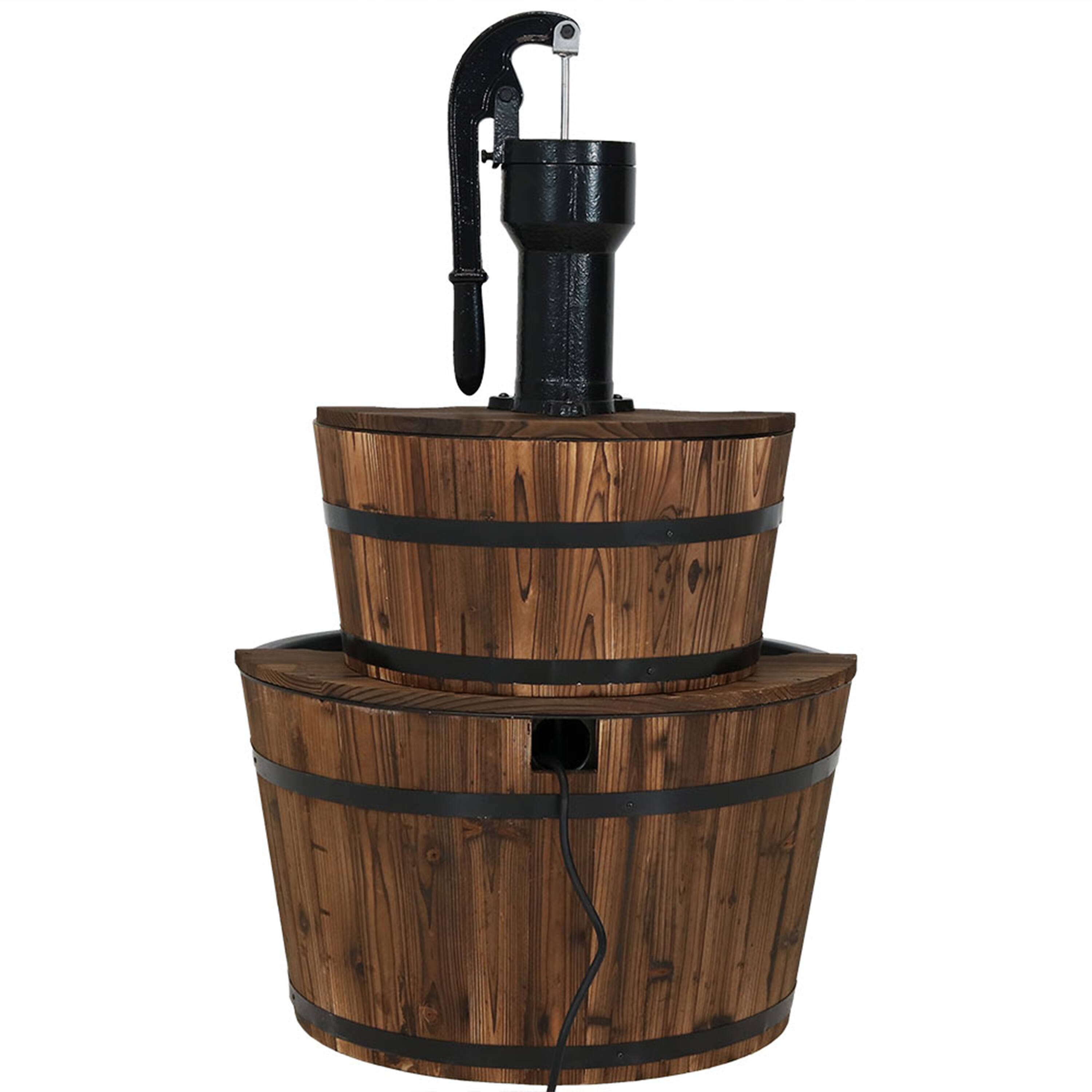 Sunnydaze Rustic 2 Tier Wood Barrel Water Fountain with Hand Pump 34 in ...