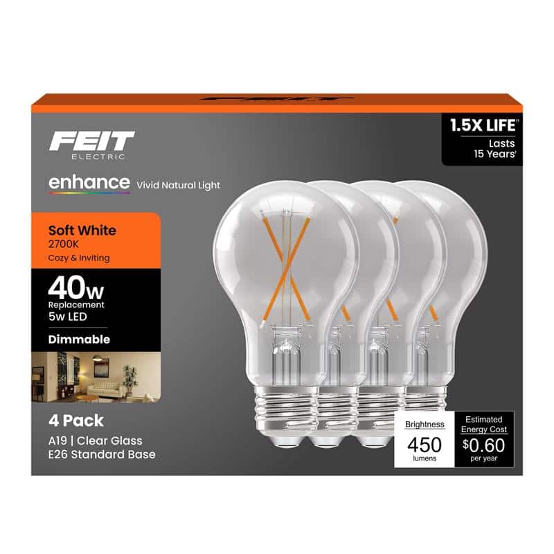 FEIT ELECTRIC - A19 E26 Filament LED Bulb Clear 40 Watt Equivalence 4 ...
