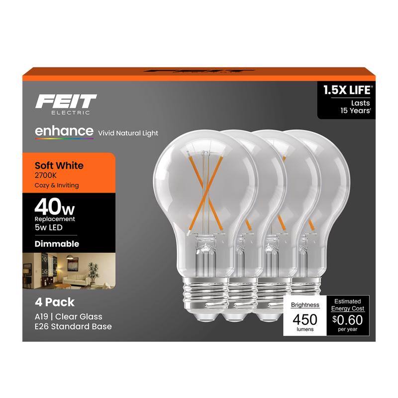 FEIT ELECTRIC A19 E26 (Medium) Filament LED Bulb Clear 40 Watt Equivalence 4 pk EJD3011623 ...