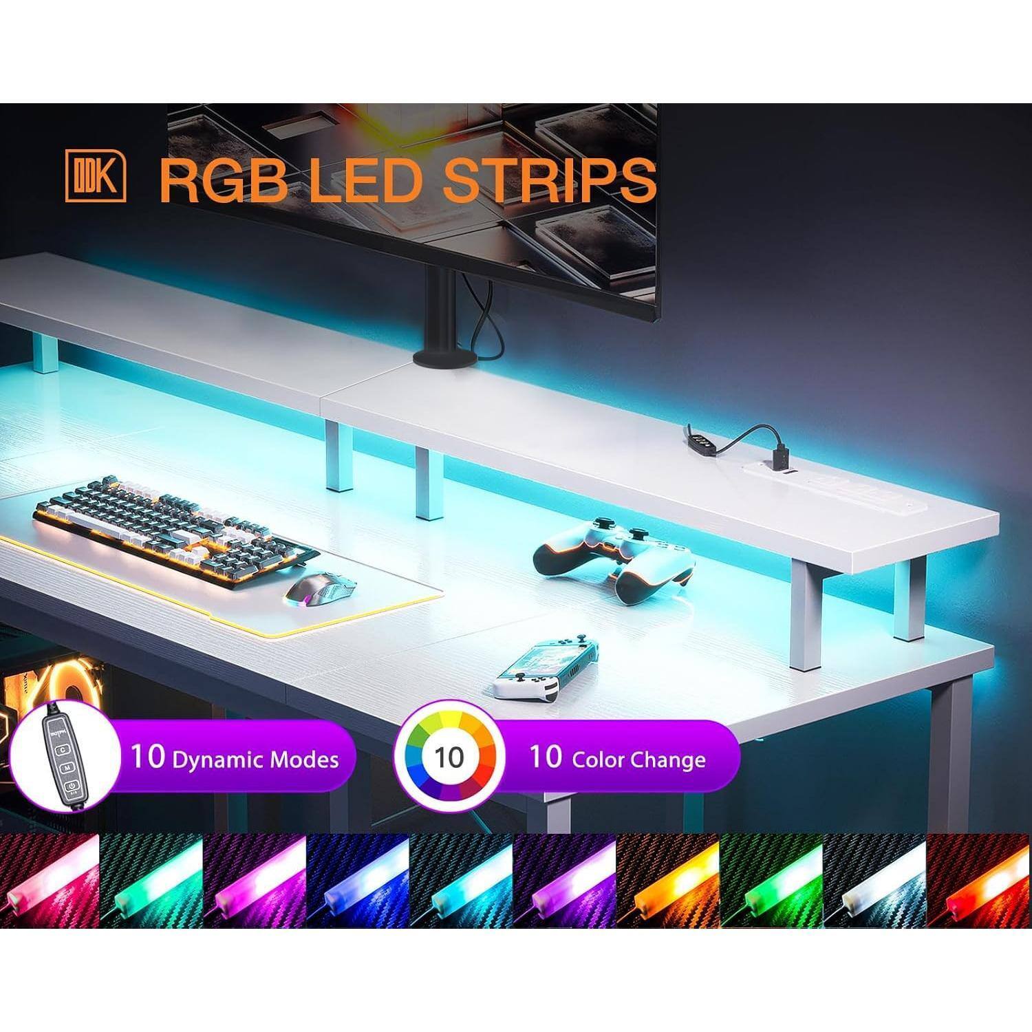 Hirose Alice Gaming Desk With Led Lights & Power Outlets Computer ...