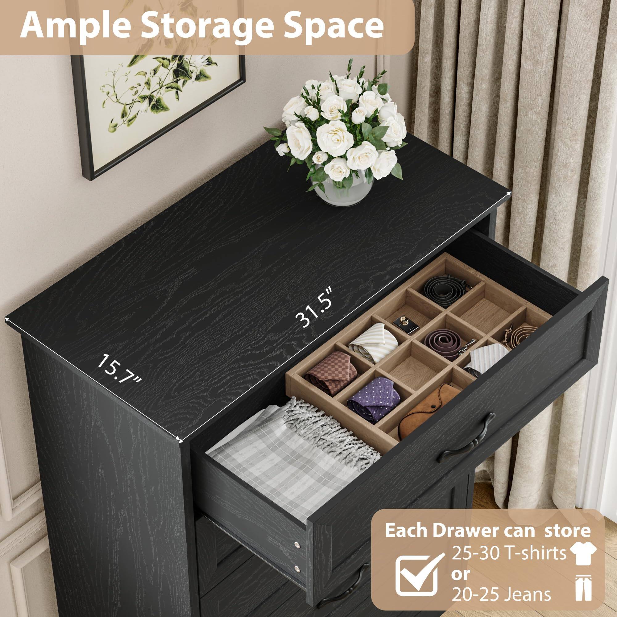 Babevy 5 Drawer Dresser for Bedroom, Farmhouse Modern Wooden Tall Chest ...