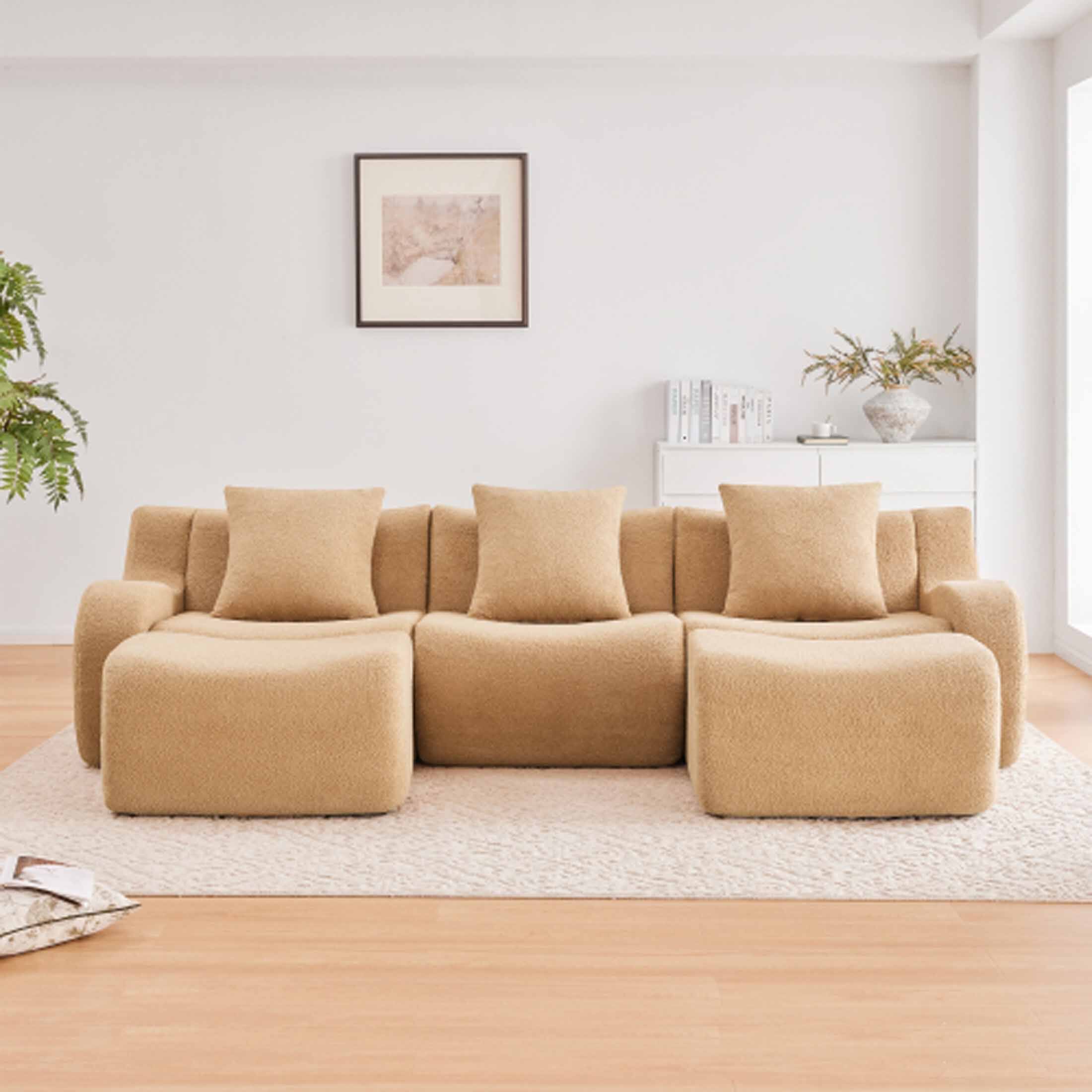 Aukfa Modular Teddy Fabric Sofa 3 Seat Sectional with 2 Ottomans, Soft ...
