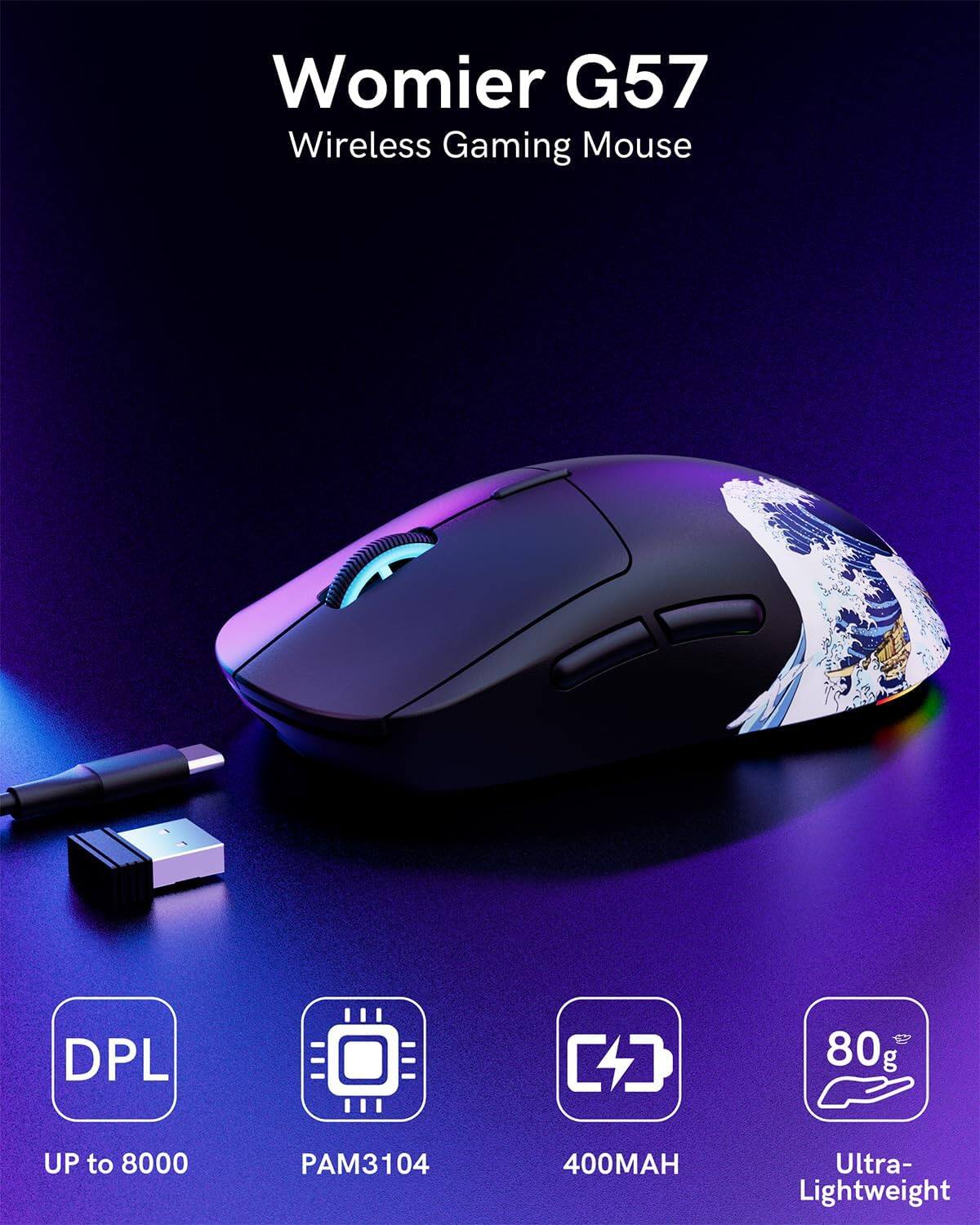 Womier G57 Wireless Gaming Mouse, 8000 DPI, 2.4G/Bluetooth/USB C ...