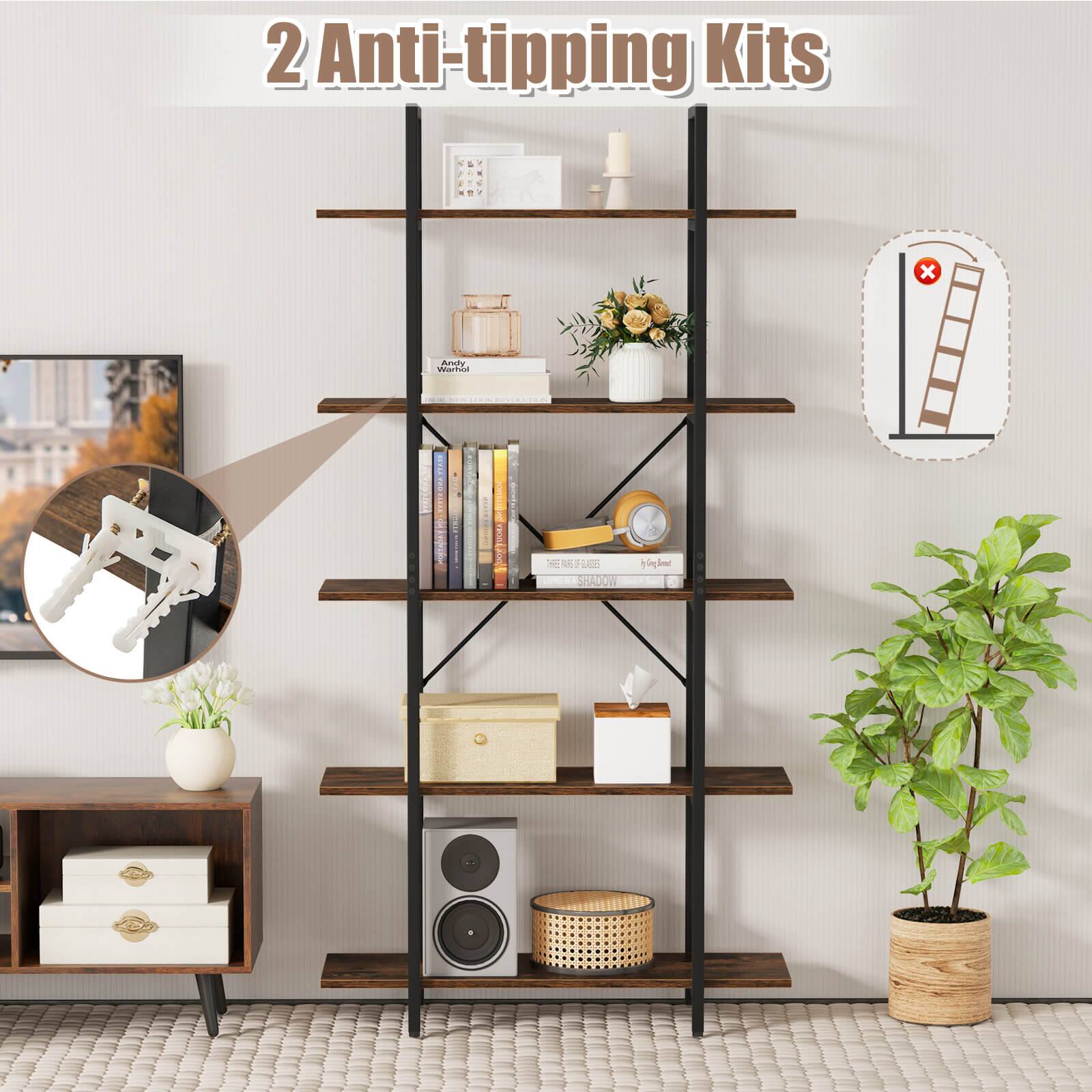 Costway 1 PCS 5 Tier Bookshelf 62" Tall Vintage Industrial Bookcase ...
