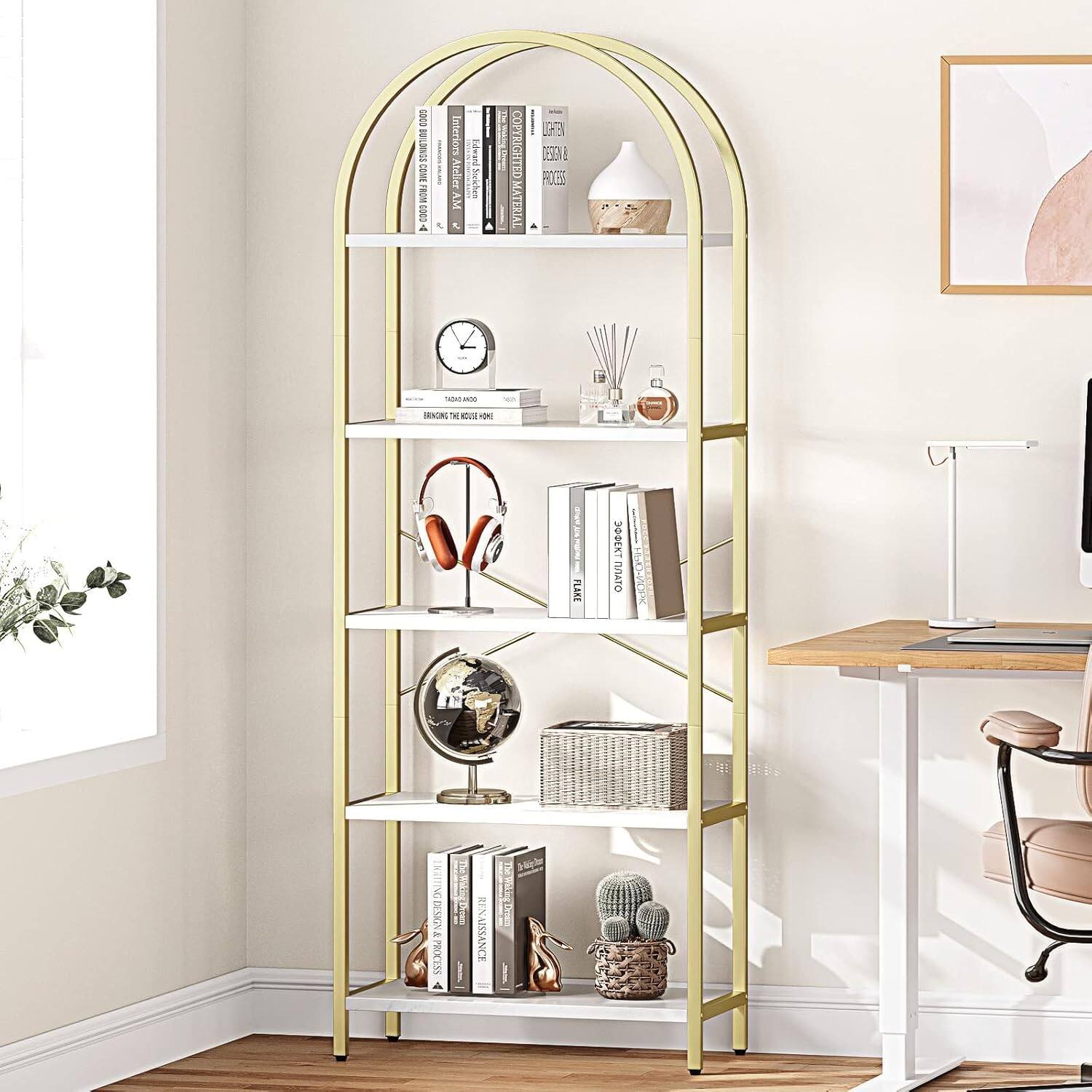 GARVEE 5 Tier Arched Bookshelf Tall Wood Bookcase w/ Metal Frame Modern ...