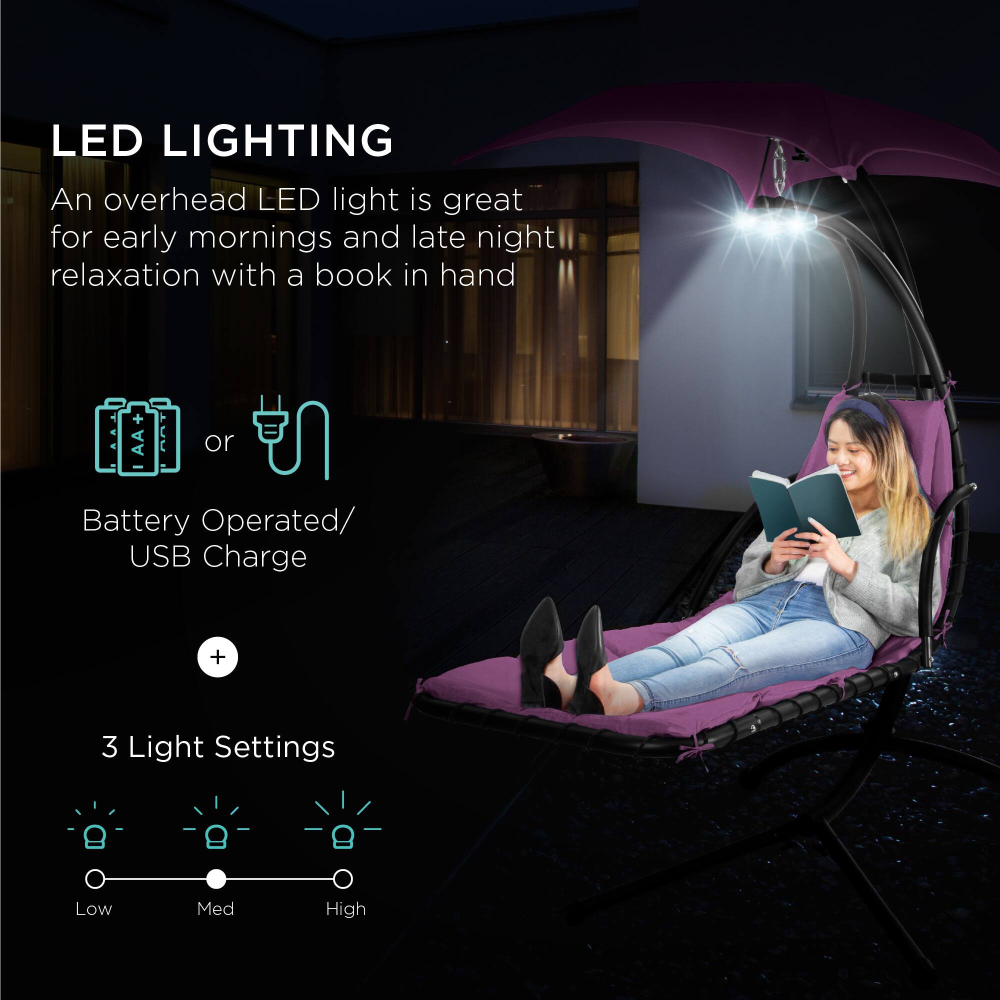 Best Choice Products Hanging LED Lit Curved Chaise Lounge Chair for ...