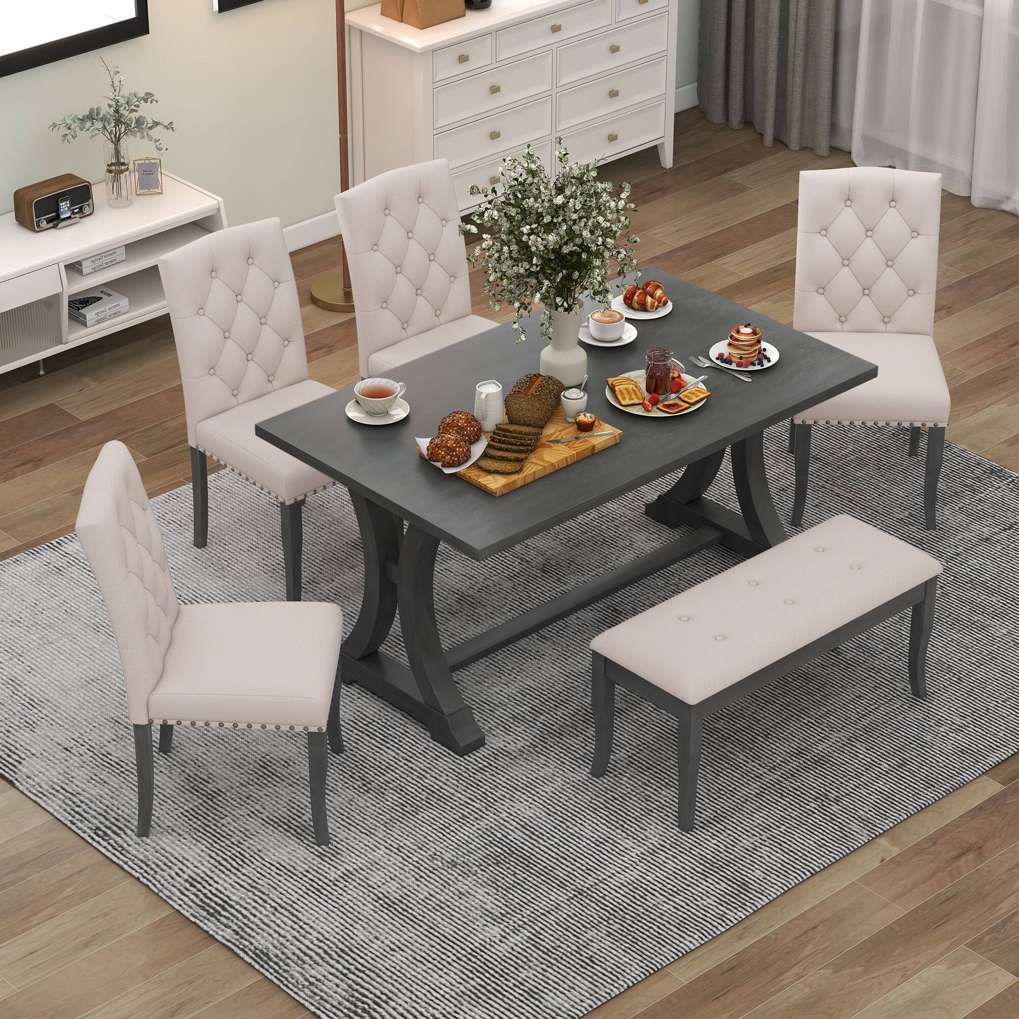 APRILSOUL 6 Piece Farmhouse Dining Table Set Rectangular Trestle Table ...