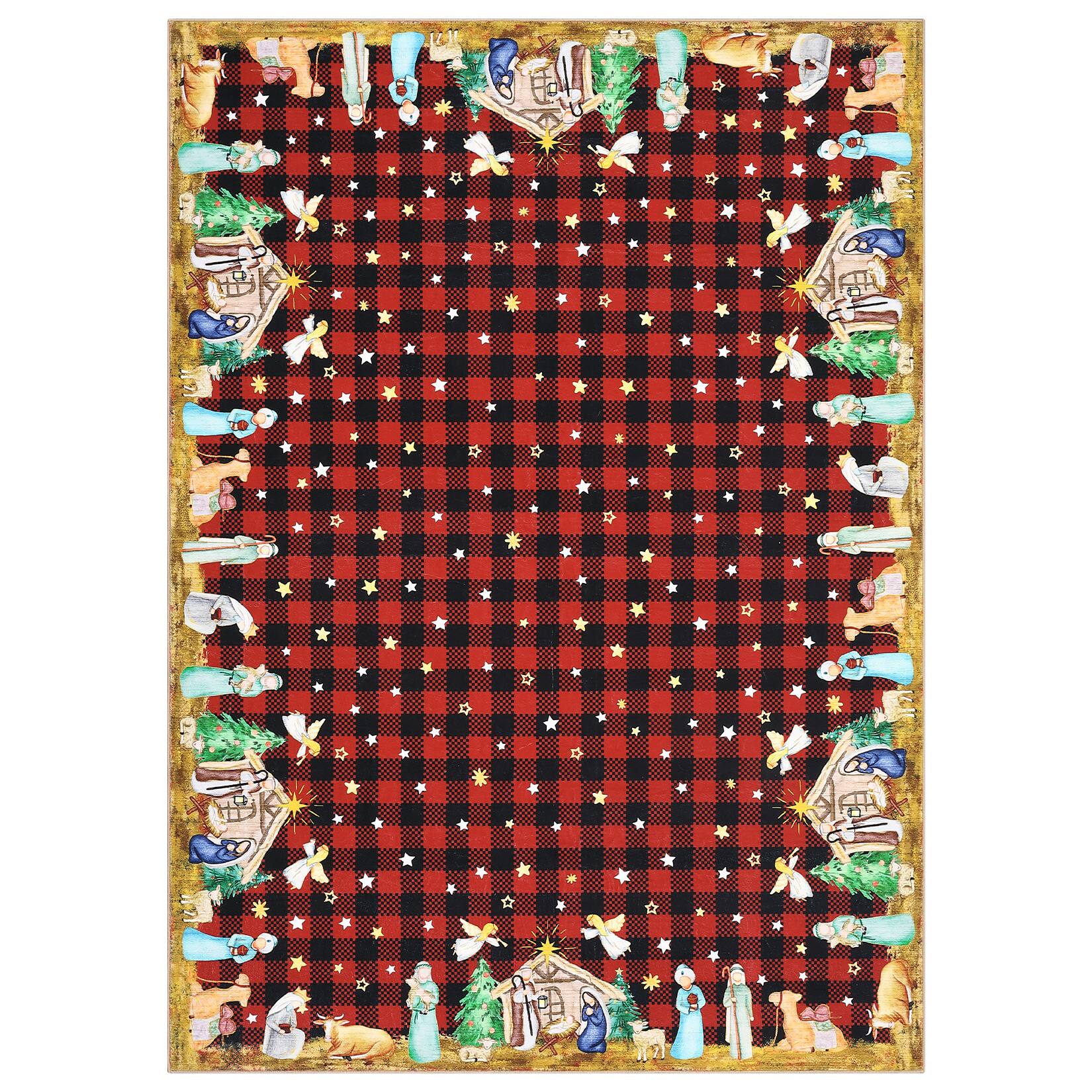 Acekool 4x6 ft Christmas Round Rug, Nativity Plaid Print, Washable, Non ...