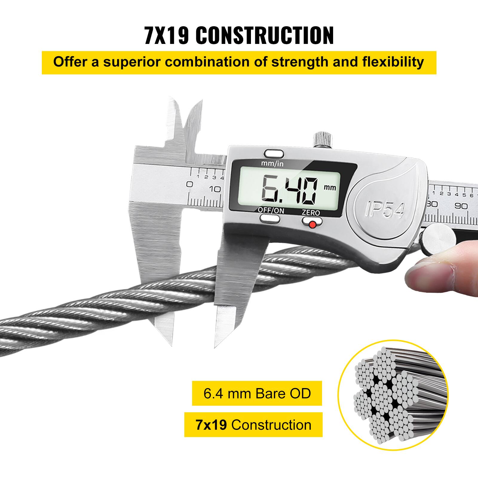 VEVOR 1/4" Stainless Steel Cable 200FT, T304 7x19 Tighter Core Cable ...
