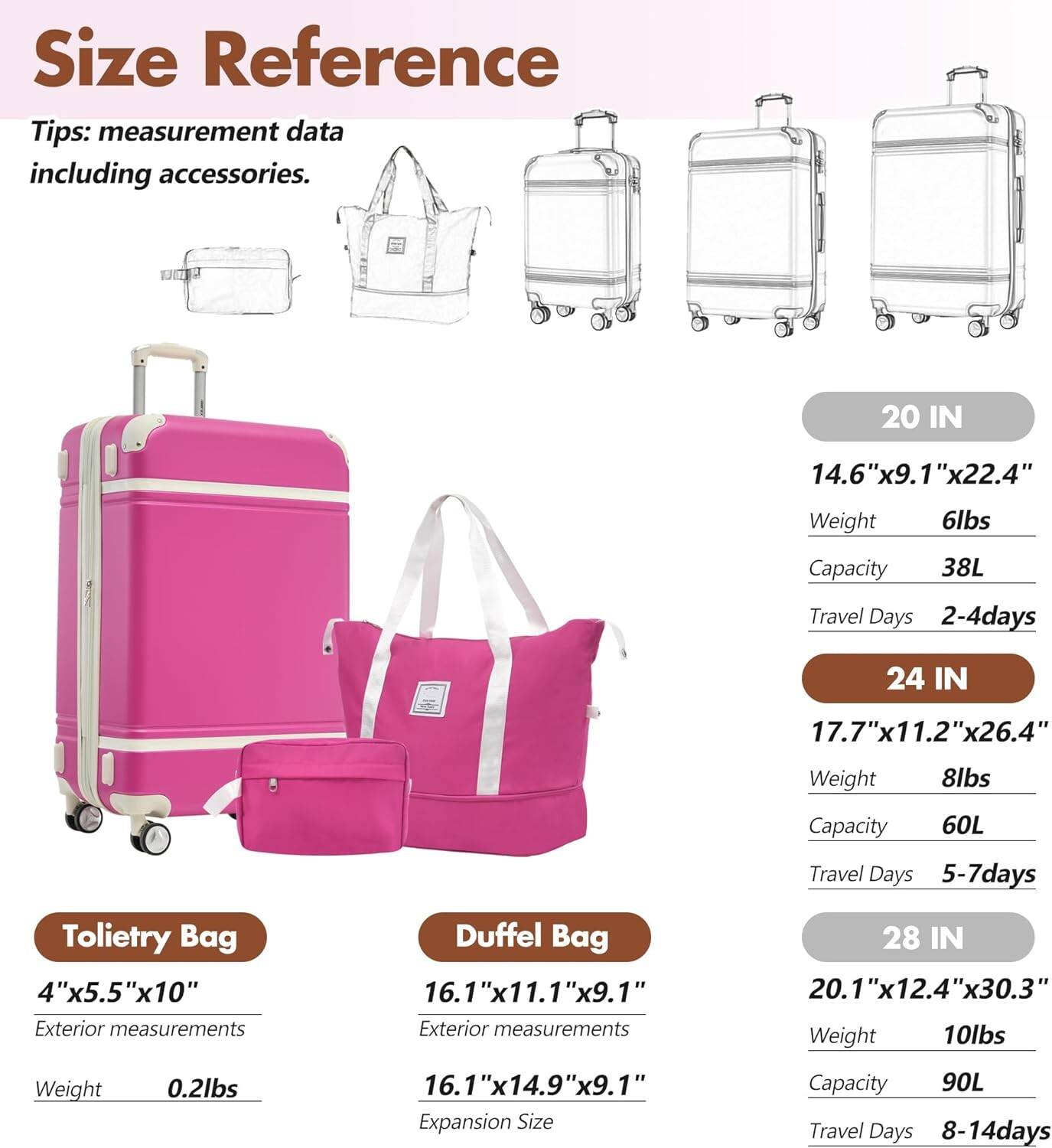 MOOSOO 24 IN Hardside Suitcase with Duffel Bags, 3 Piece Expandable ...