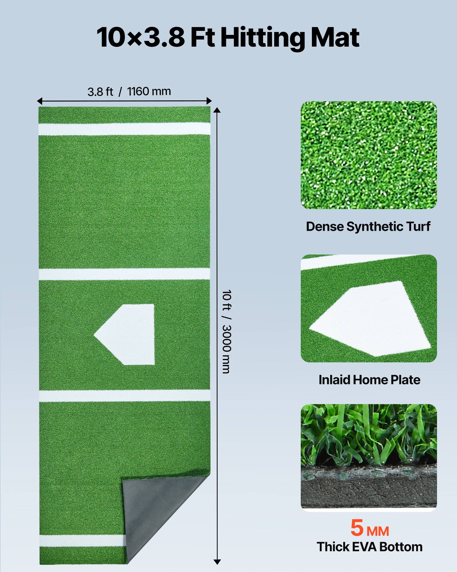 VEVOR 10x3.8 ft Baseball Softball Hitting Batting Mat, Indoor/Outdoor ...