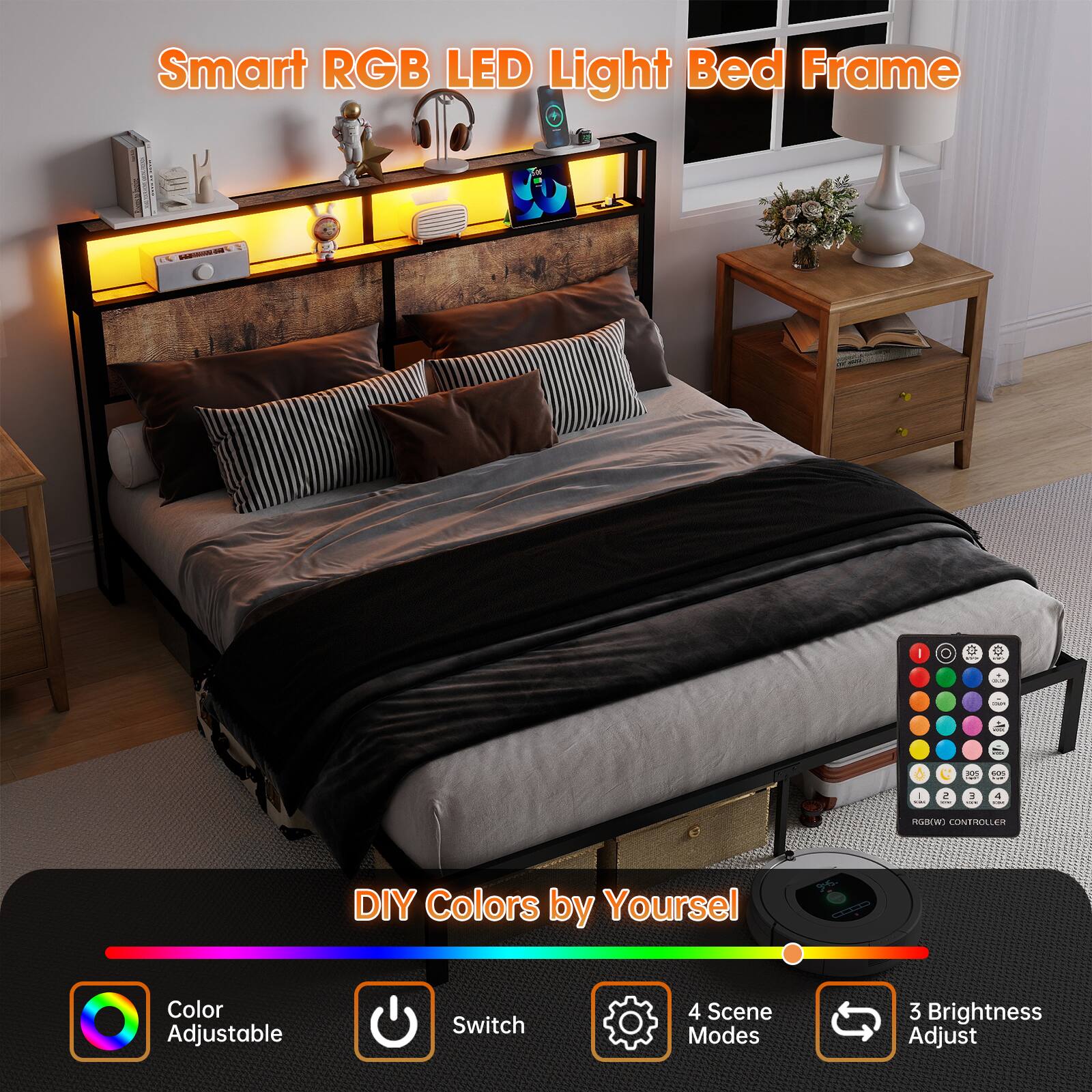 Chateau Abodes King Size Bed Frame with Headboard, RGB LED Light ...