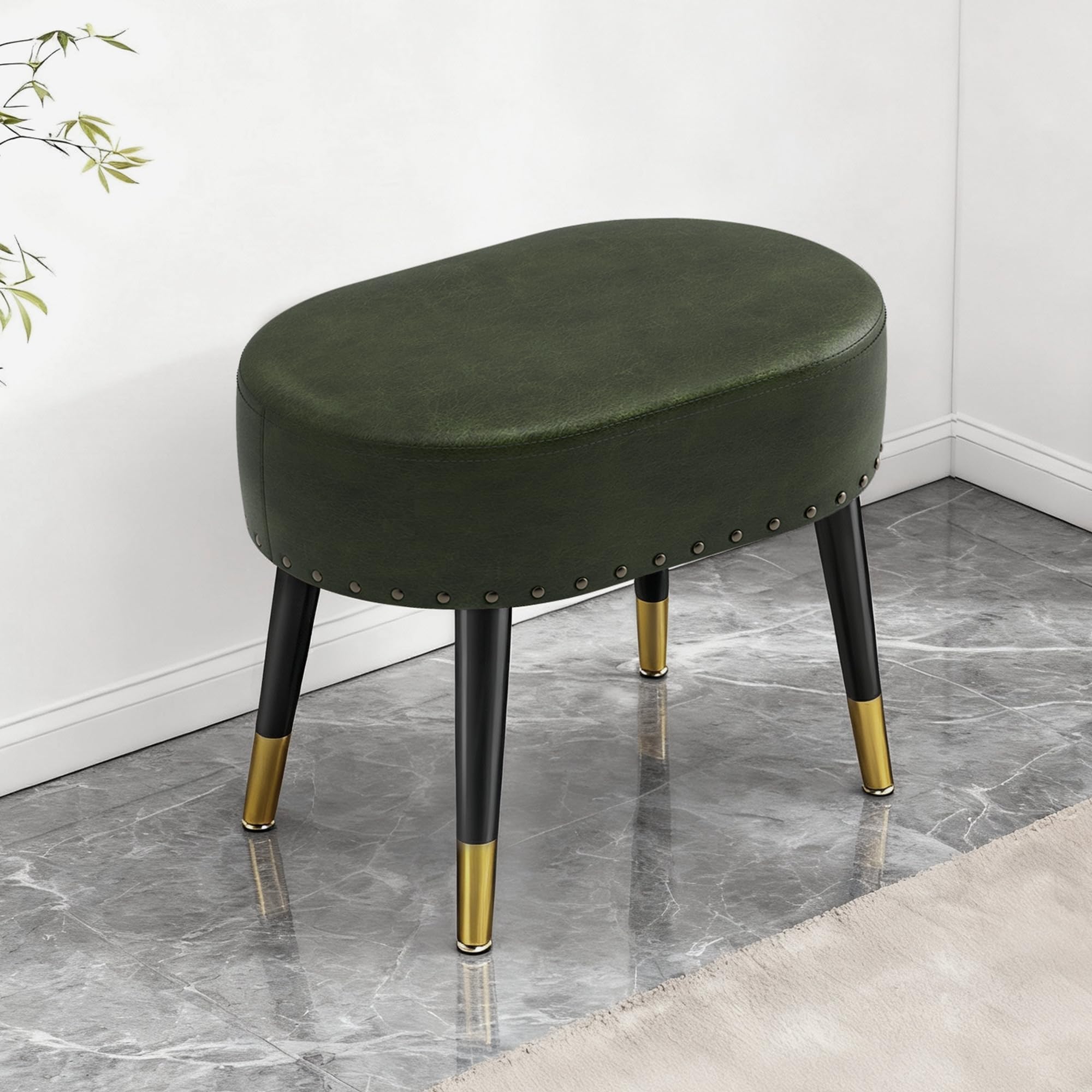 JETRANSPORT Foot Stool Ottoman Oval Vanity Metal Leather Rivet Vintage ...