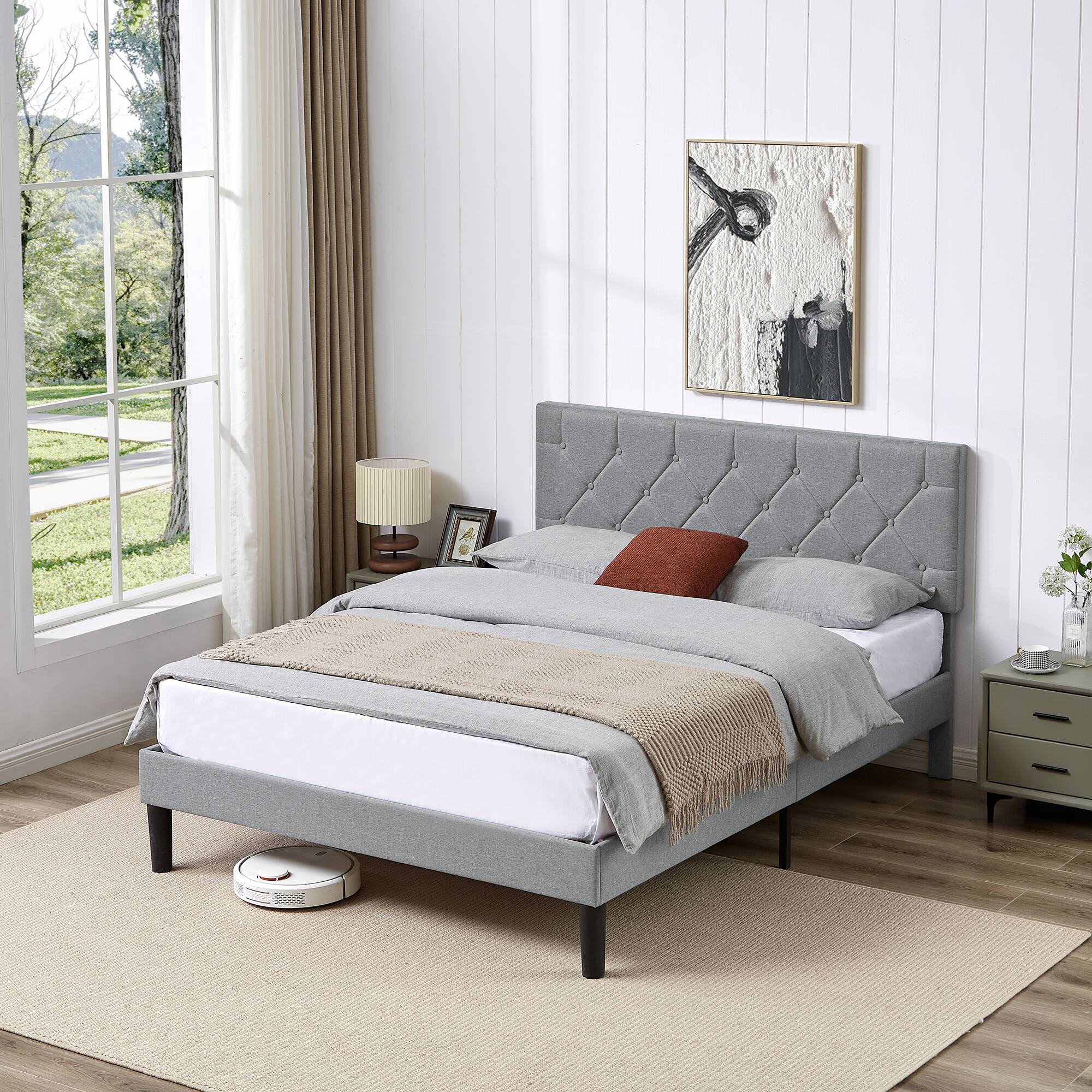 Vecelo Queen Bed Frame with Upholstered Headboard, Heavy Duty Wooden ...