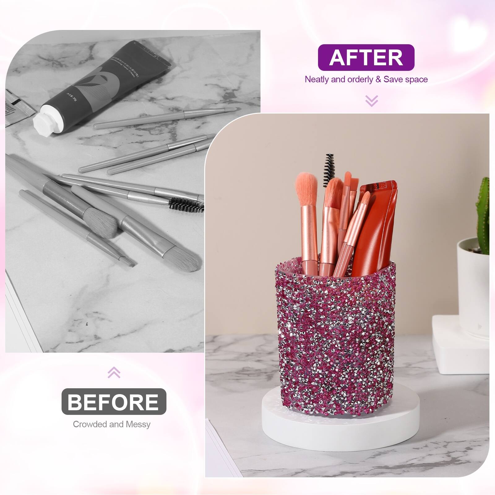 Unique Bargains Crystal Makeup Brush Holder Storage Box Round Pencil ...