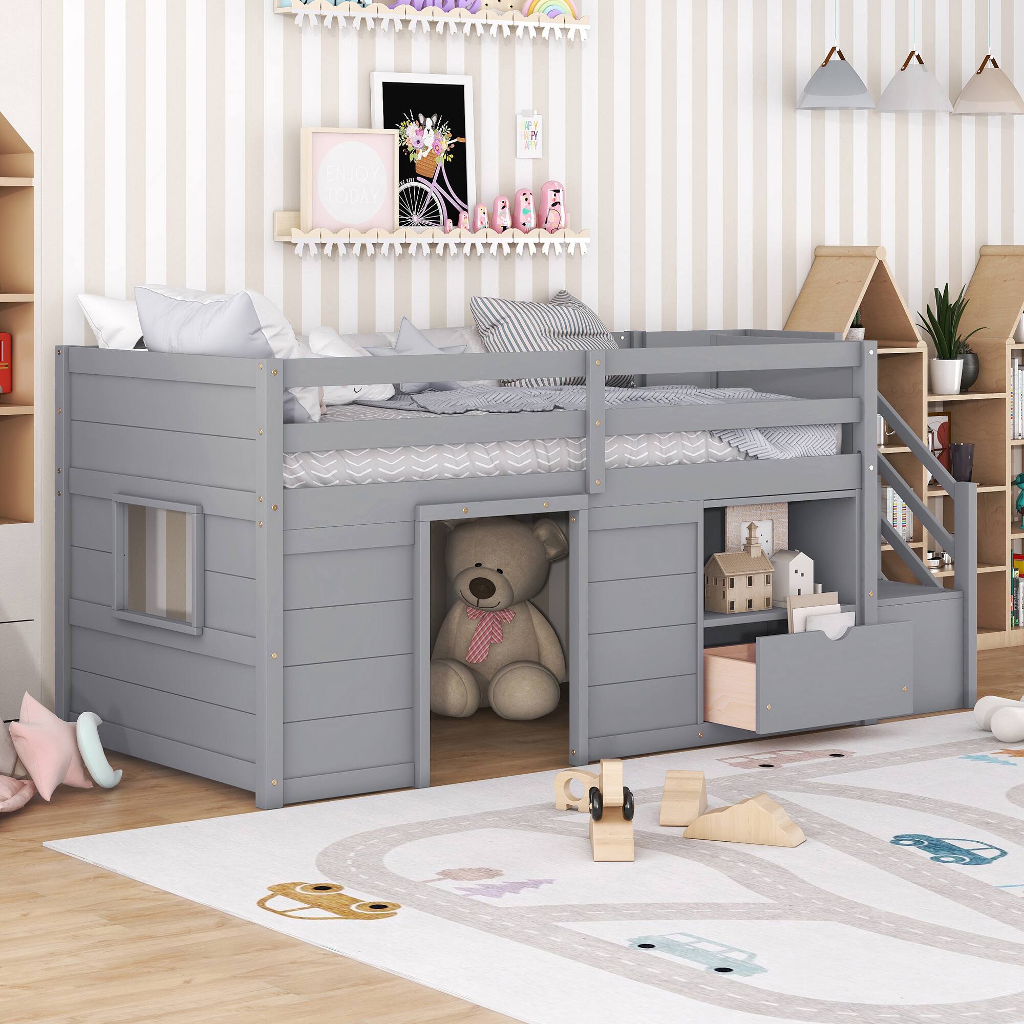 Spaco Twin Low Loft Bed with Storage Stair, Drawer and Shelf, Solid ...