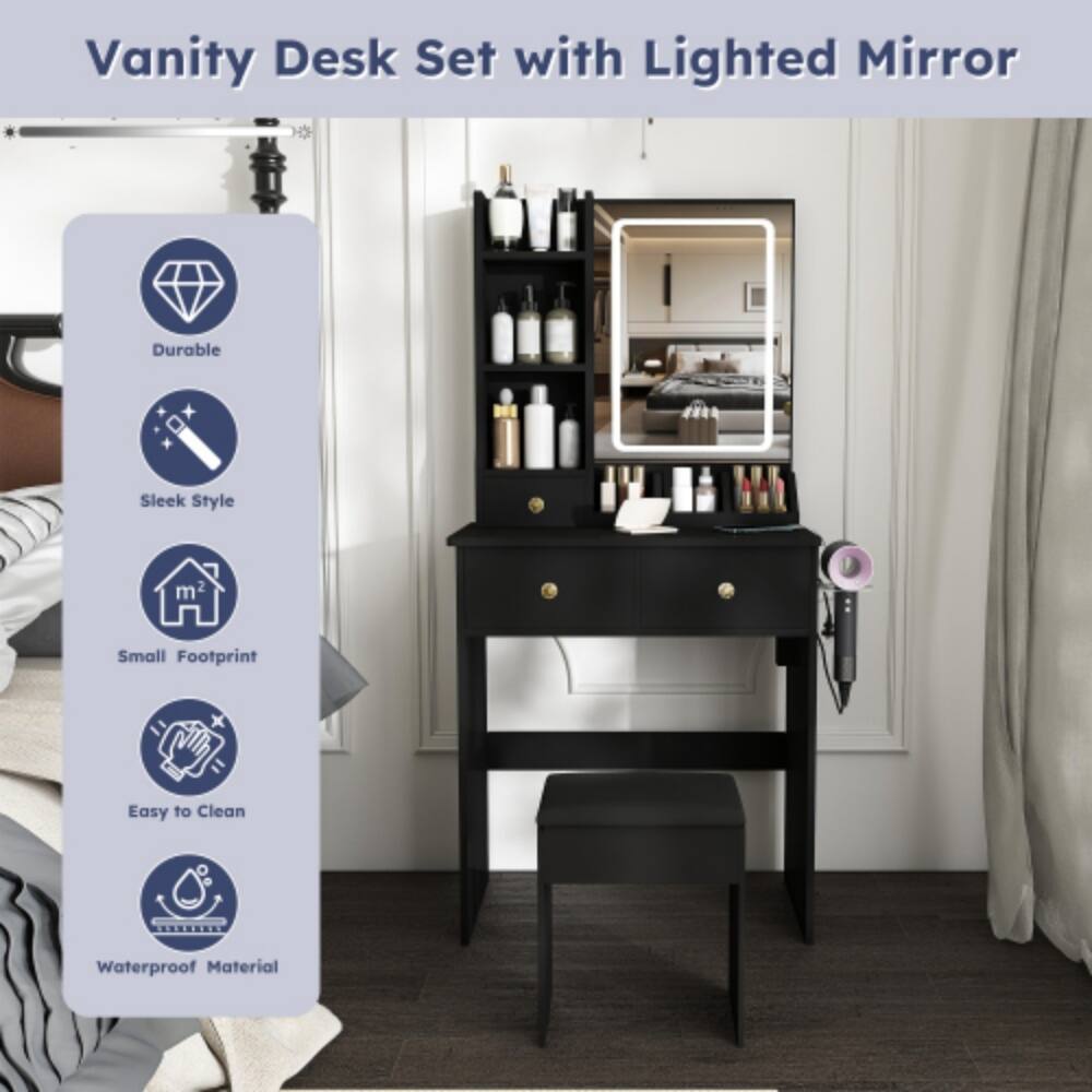LUCKY ONE Small Vanity Desk with 3 Mode LED Mirror, 3 Drawers, Open ...