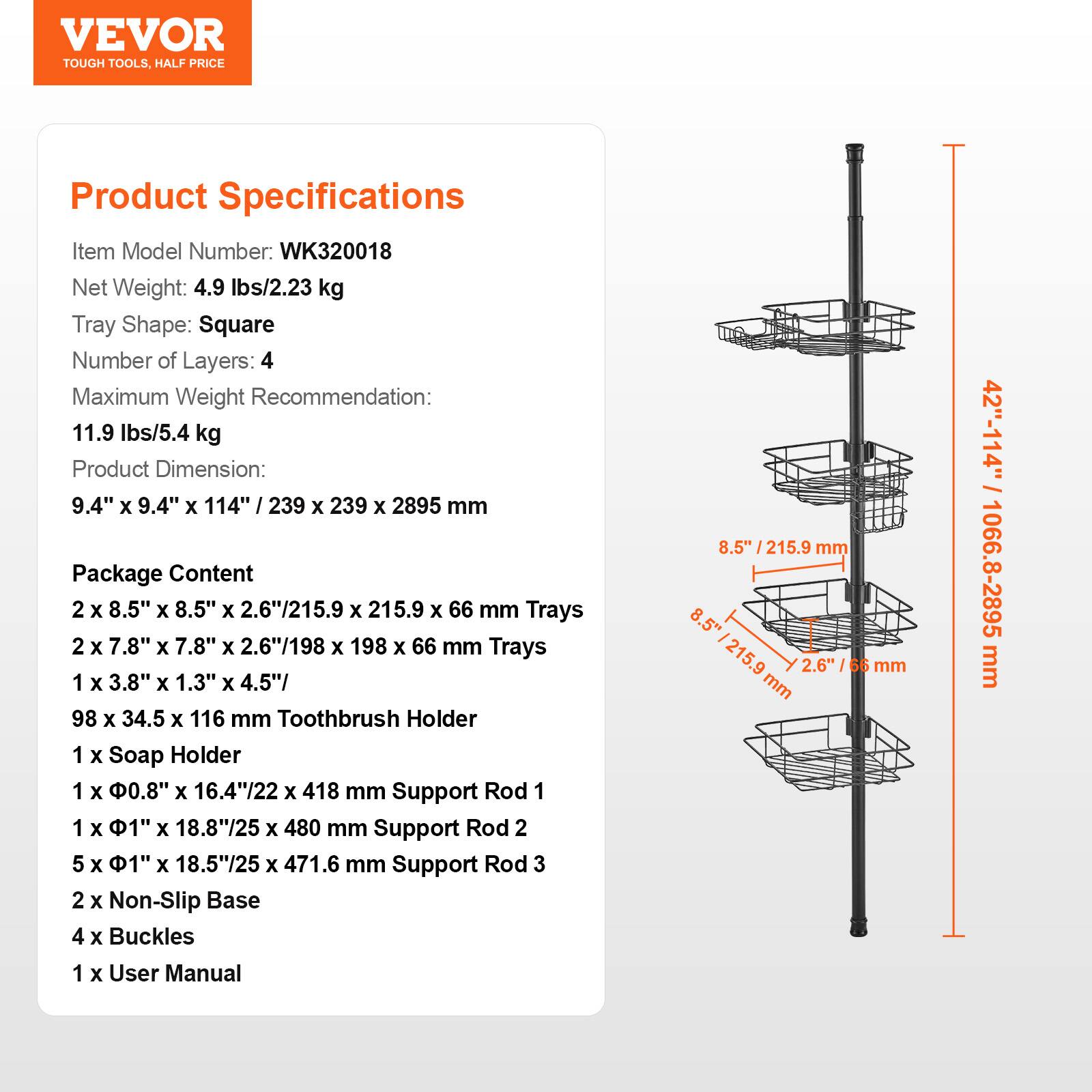 VEVOR Shower Corner Caddy Tension Pole, 42" to 114" High, Multi ...