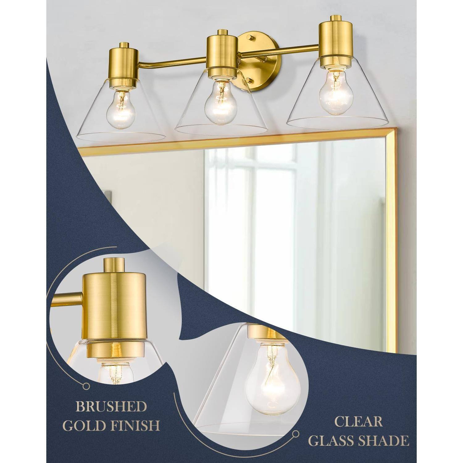 Earthley Blooms Bathroom Vanity Light Fixtures 3 With Clear Glass Shade 108 GOLD VANITY LIGHTS ...