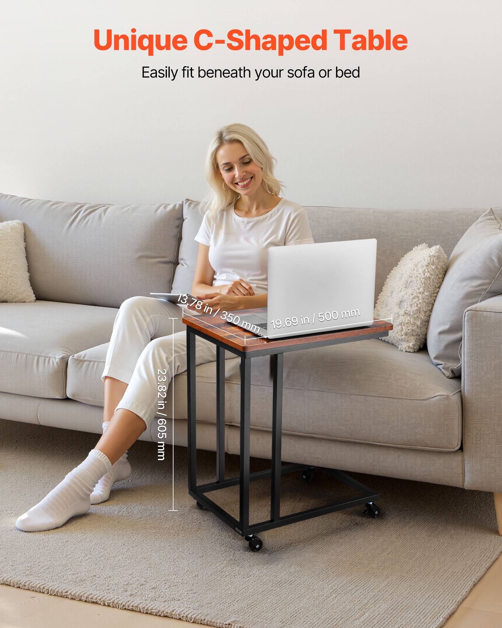VEVOR C Table, C Shaped Sofa Side Table with Metal Frame Rolling ...