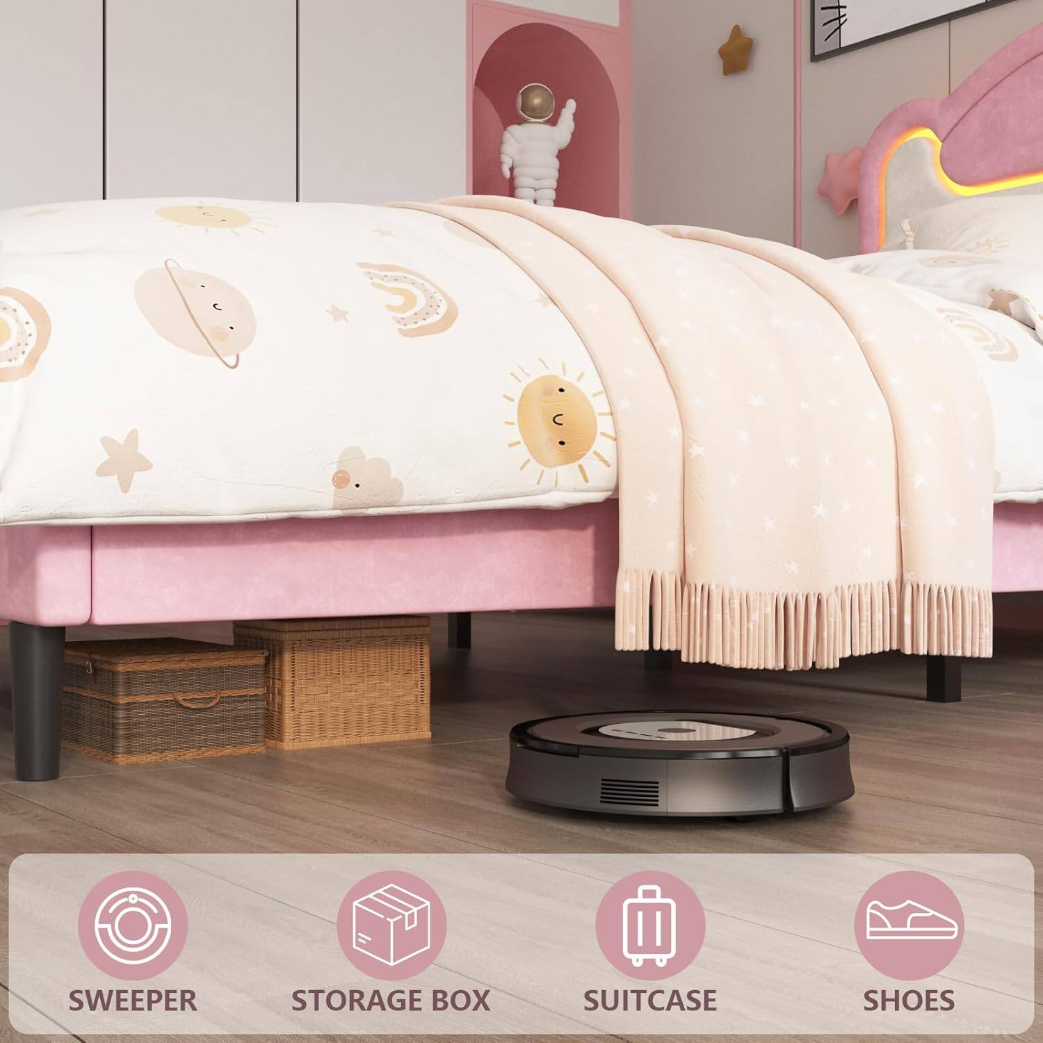 Homhougo Twin Princess LED Platform Bed, Upholstered Fabric Headboard ...