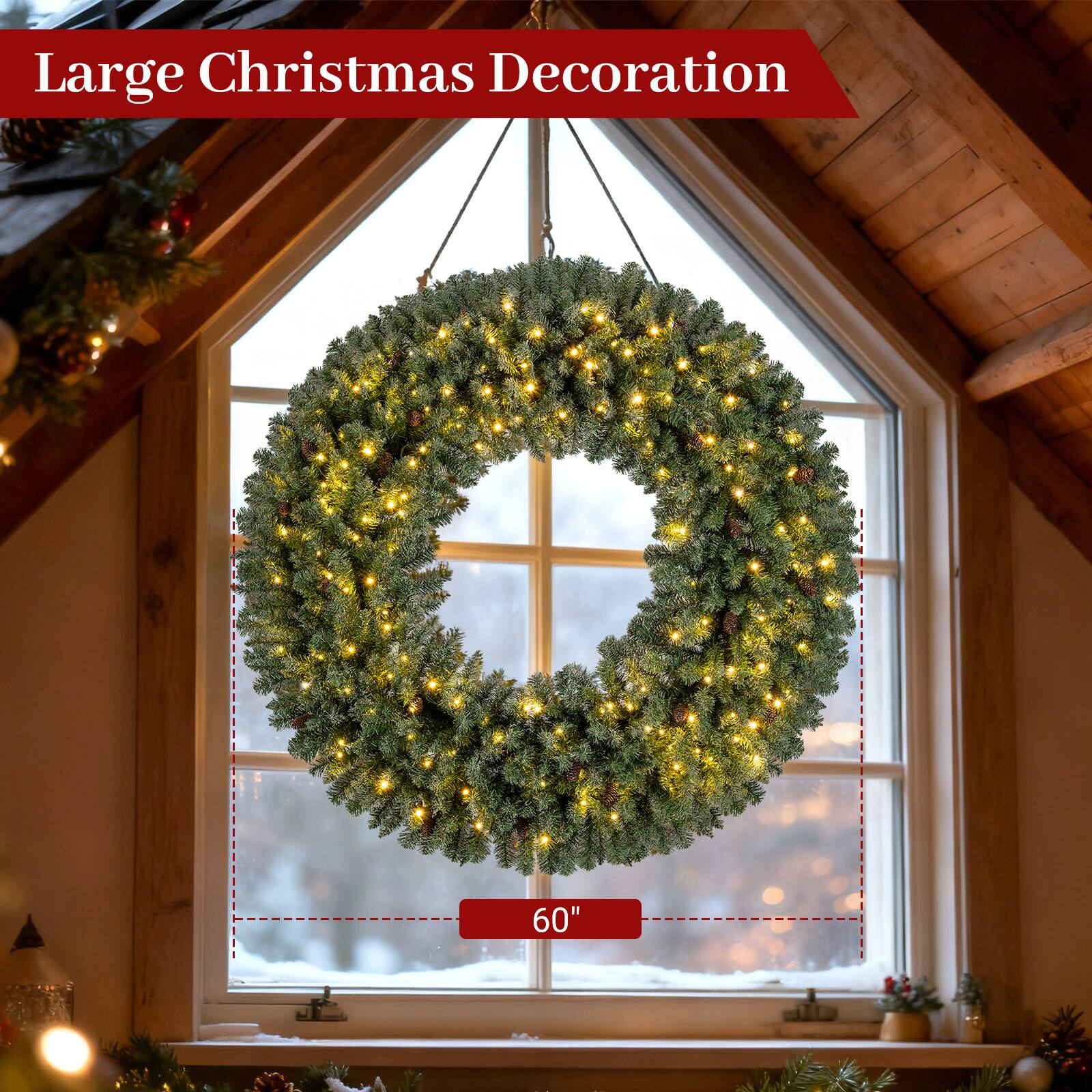 Costway 60" Large Artificial Christmas Wreath Set of 2 with 200 LED ...