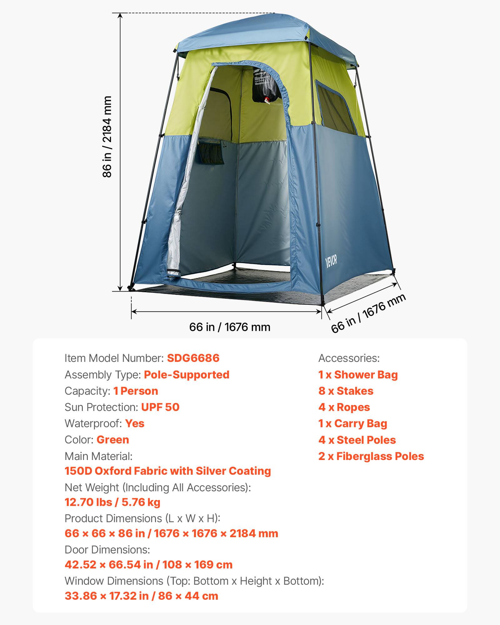 VEVOR Camping Shower Tent, 1 Room, Portable Privacy Tent Changing Room ...