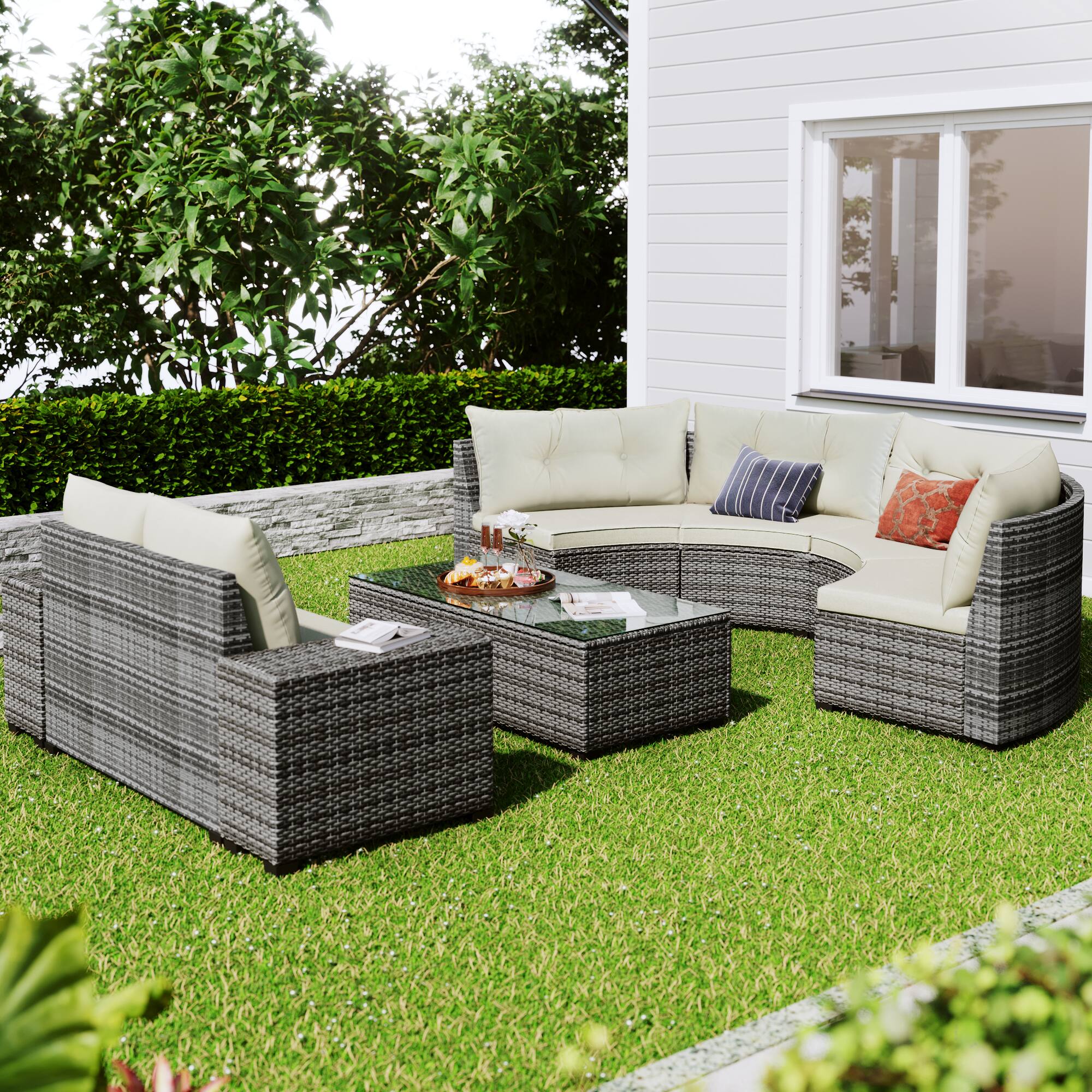 AOOLIVE 8 pieces Outdoor Wicker Round Sofa Set, Half Moon Sectional ...