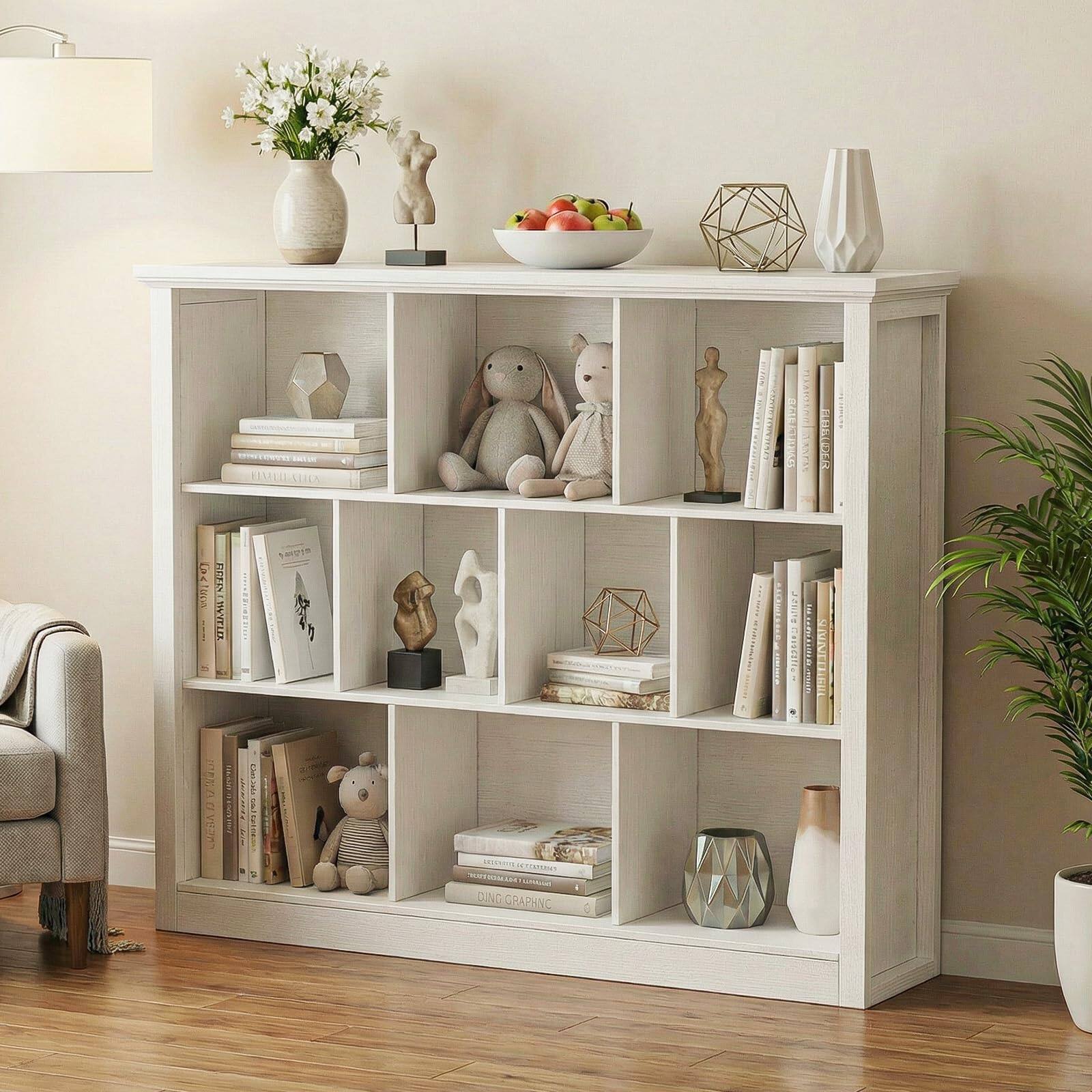 Aheaplus 50" Wide 10 Cube Wood Storage Organizer 3 Tier Low Floor ...
