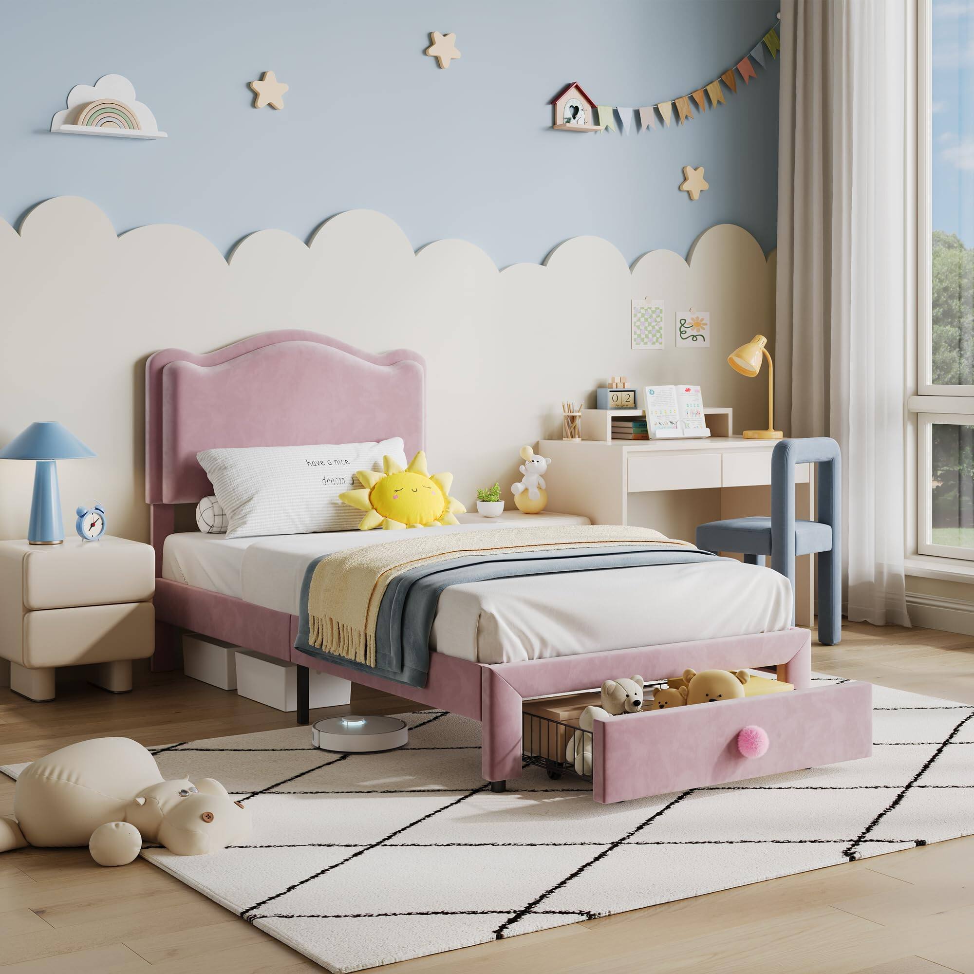 Homhougo Upholstered Twin Bed Frame with Storage Drawer & Scallop ...