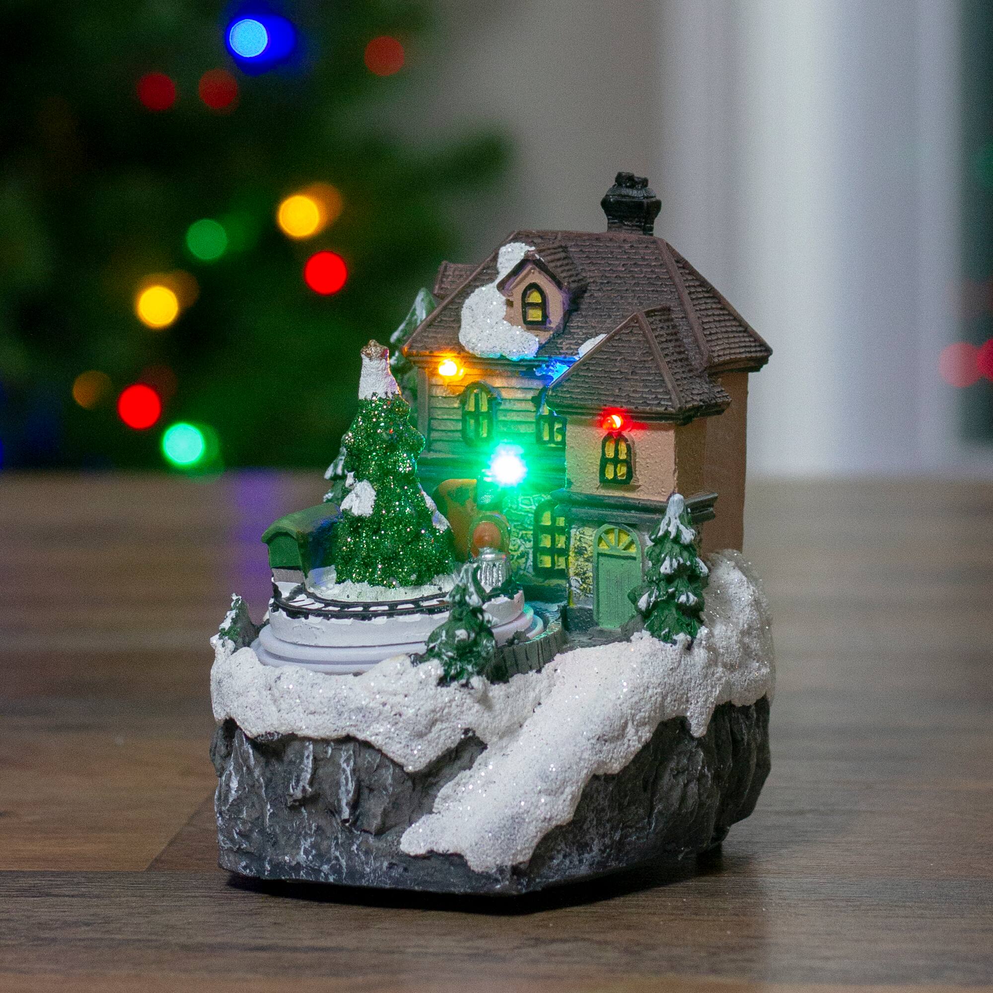 Northlight 5.5" LED Lighted and Animated House with Train Christmas Village Display Piece Brown ...