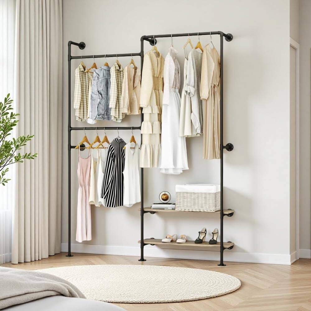 Cedar Assembly Industrial Pipe Wall mounted Clothing Rack With Double ...