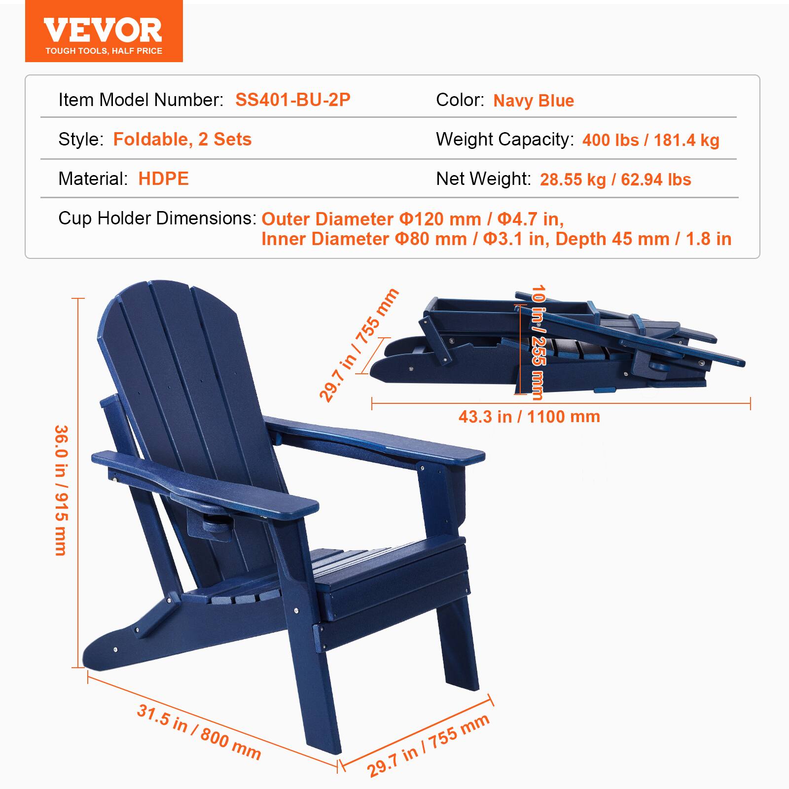 VEVOR Adirondack Chair Plastic, Set of 2 All Weather Portable Folding ...