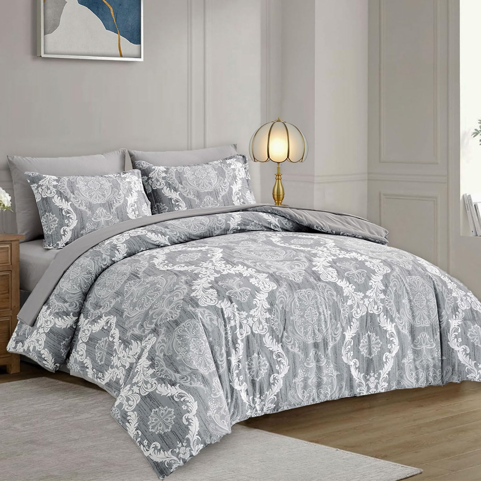 Dapper Styles Comforter Set Damask Texture Bed In A Bag Microfiber Boho ...