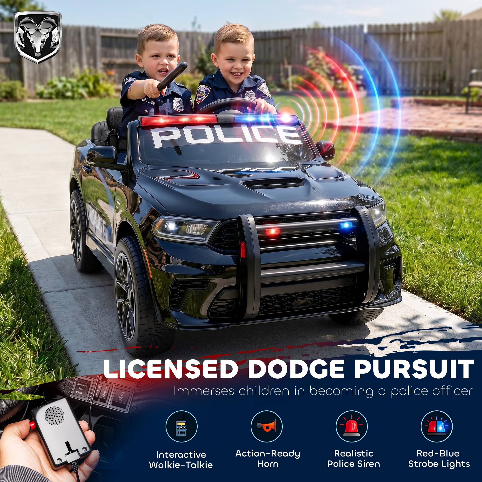 Qaba Dodge Ride On Police Car for Kids with 2 Seater, Remote ...