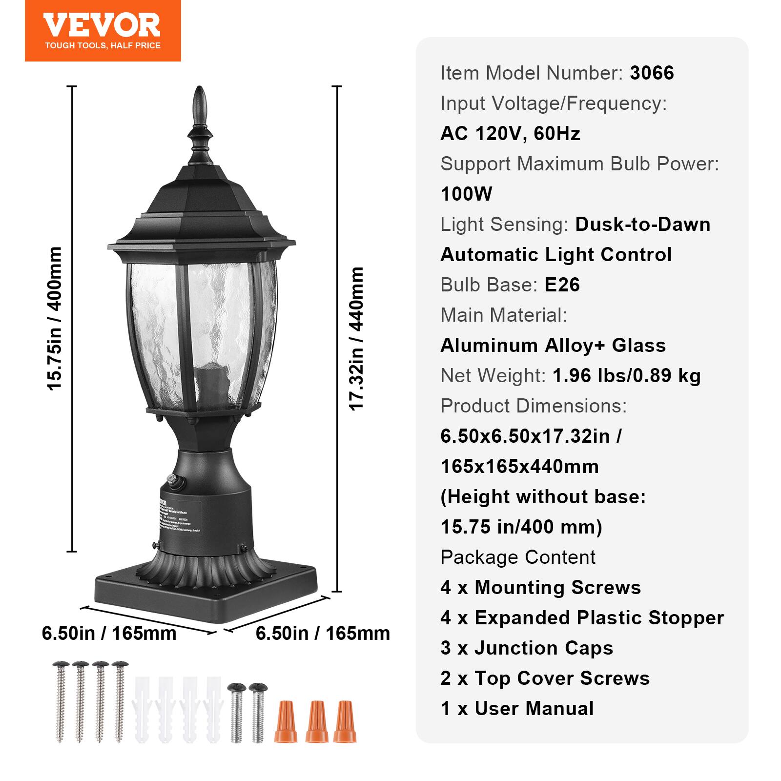 VEVOR Dusk to Dawn Outdoor Post Light, 15.75 in Height, Waterproof Lamp ...