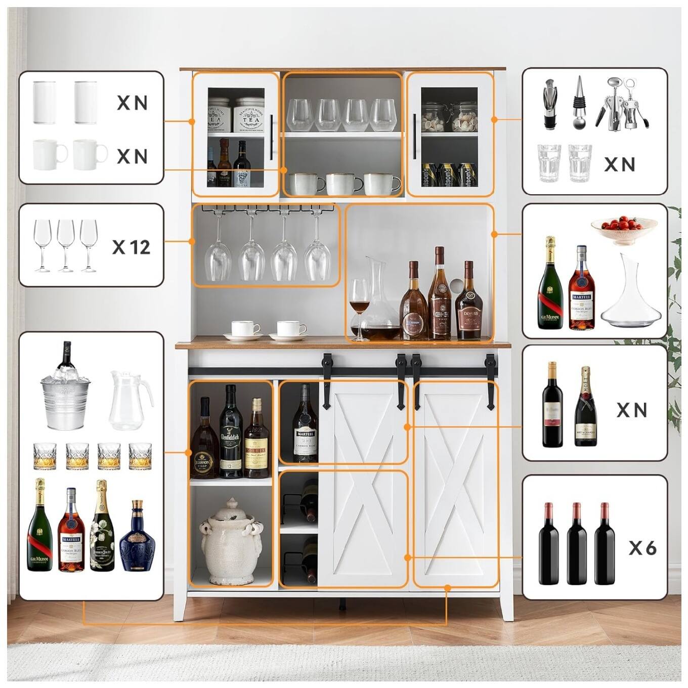 GARVEE Farmhouse Wine and Coffee Bar Cabinet with Hutch, Tall Kitchen ...