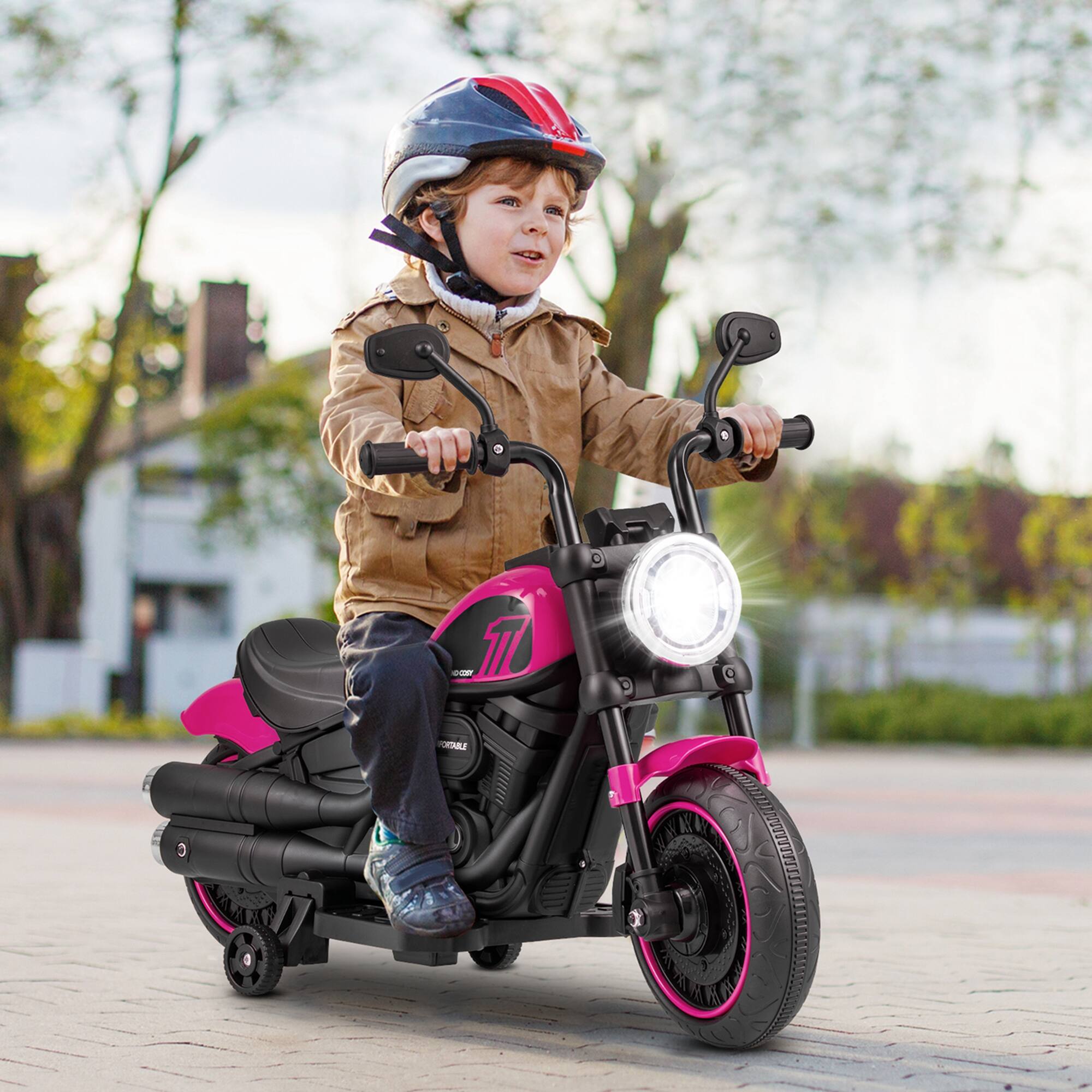 Costway 6V Kids Electric Motorcycle with Training Wheels LED Headlights Music Board Pink ...