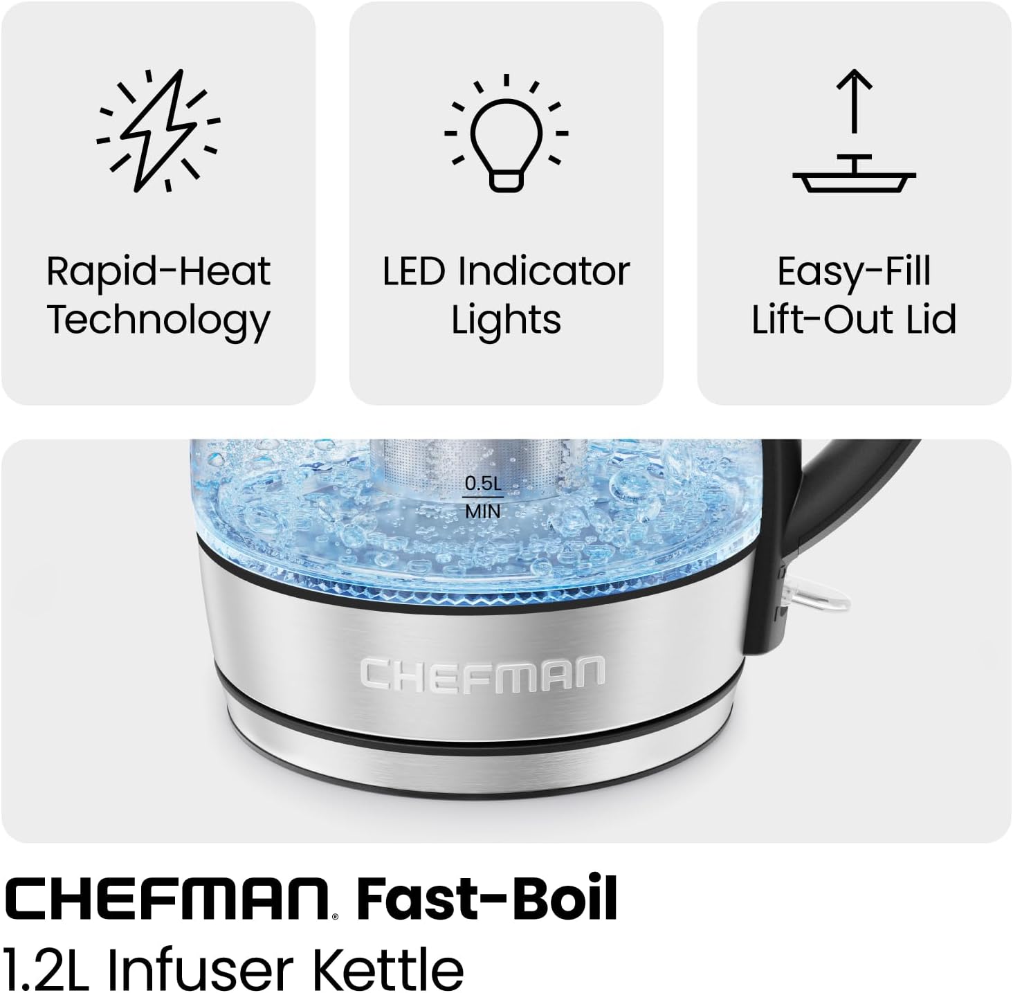 Chefman Rapid Boil 1.2L Electric Tea Kettle w/ Tea Infuser and Removable Lid Stainless Steel ...