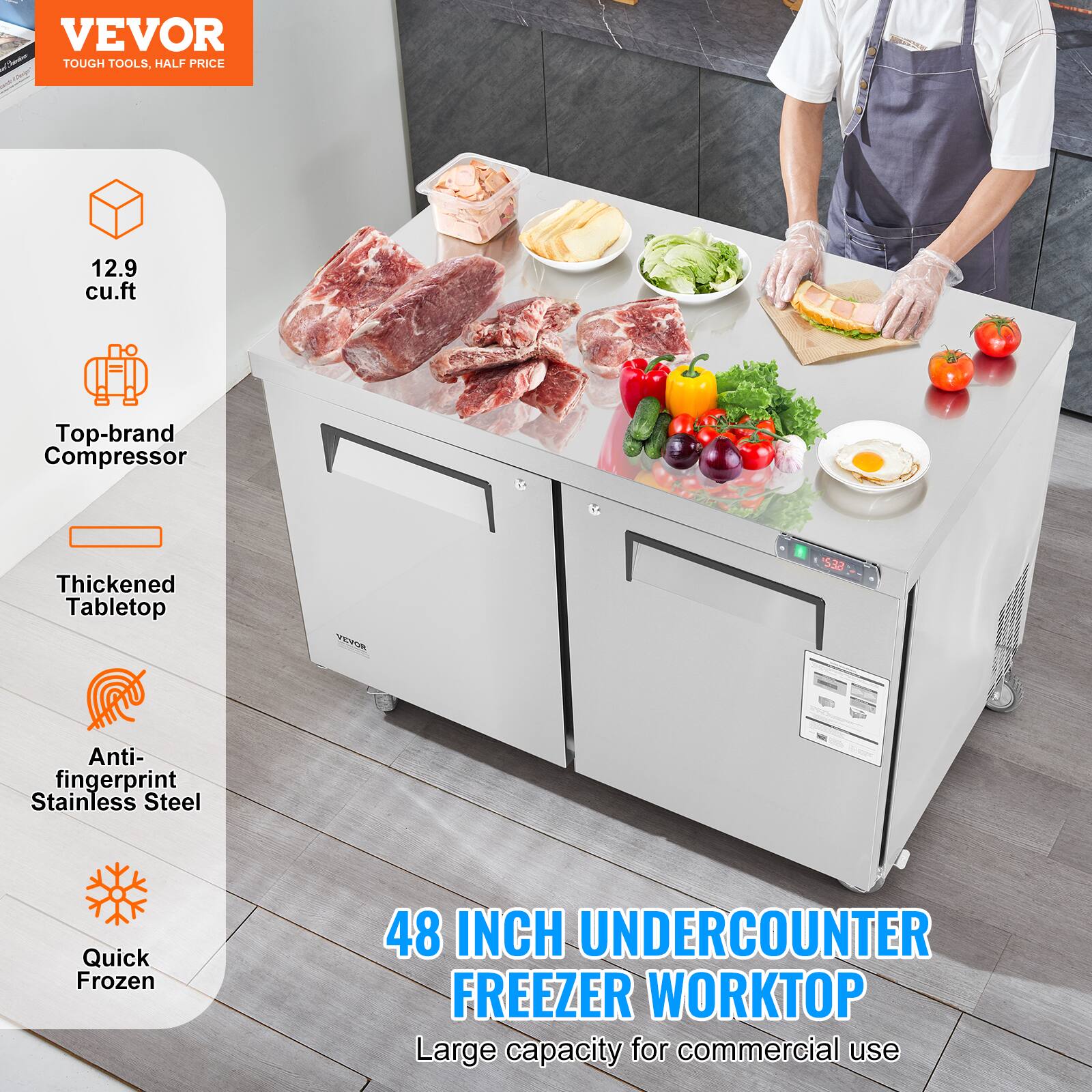 VEVOR 48" Commercial Frozen Refrigerator Sandwich & Salad Prep Table, 12.9 Cu. Ft Silver KTF ...