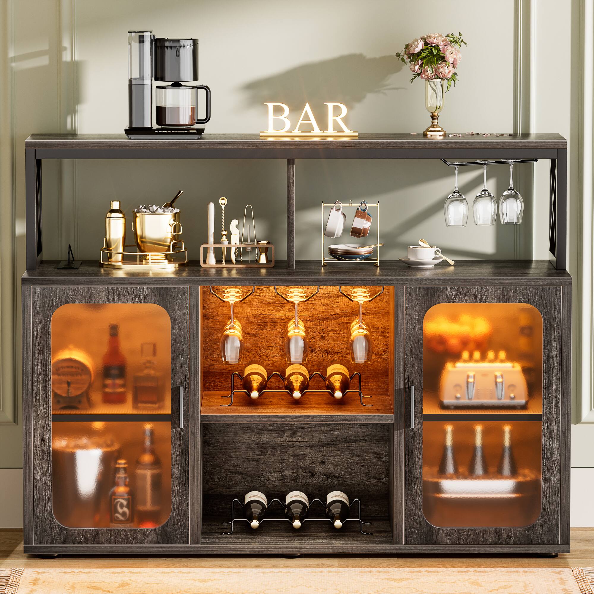 Aheaplus Bar Cabinet with Power Outlets & LED Lights, Glass Holder ...
