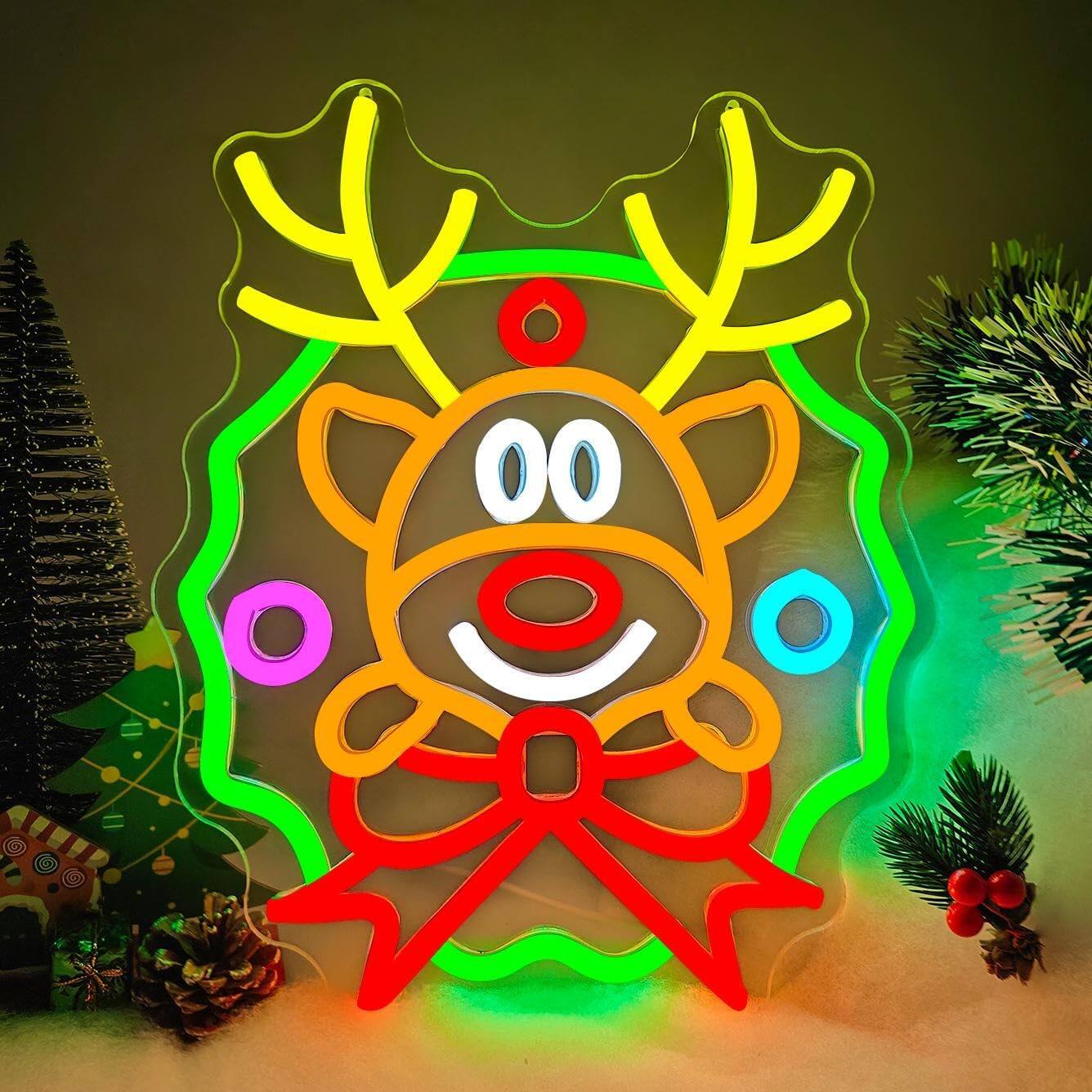 Auledio Christmas Neon Sign Wreath Elk Neon Sign for Wall Decor Deer ...
