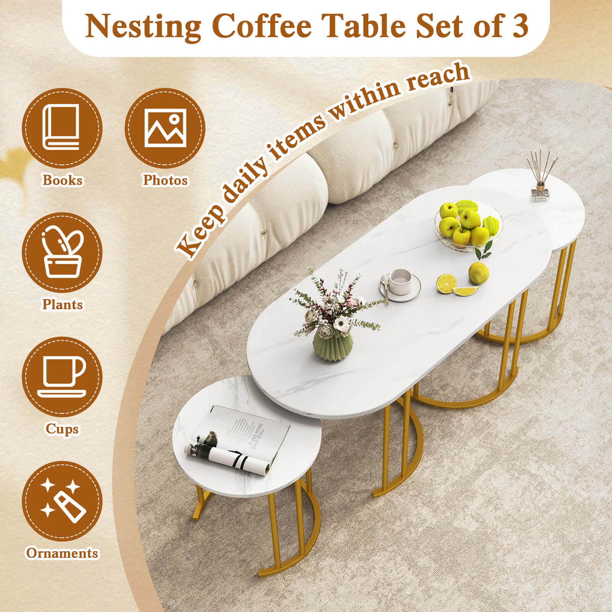 Costway Nesting Coffee Table Set of 3 with Faux Marble Tabletop ...