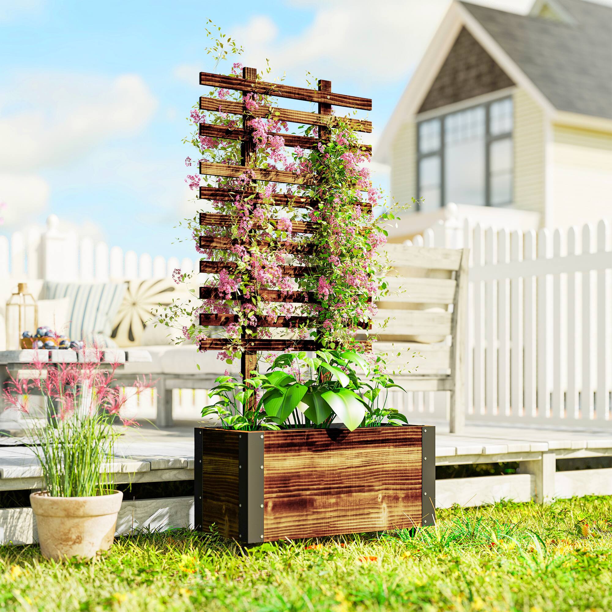 Outsunny Raised Garden Bed, Planter Box w/ Trellis and Metal Corners ...