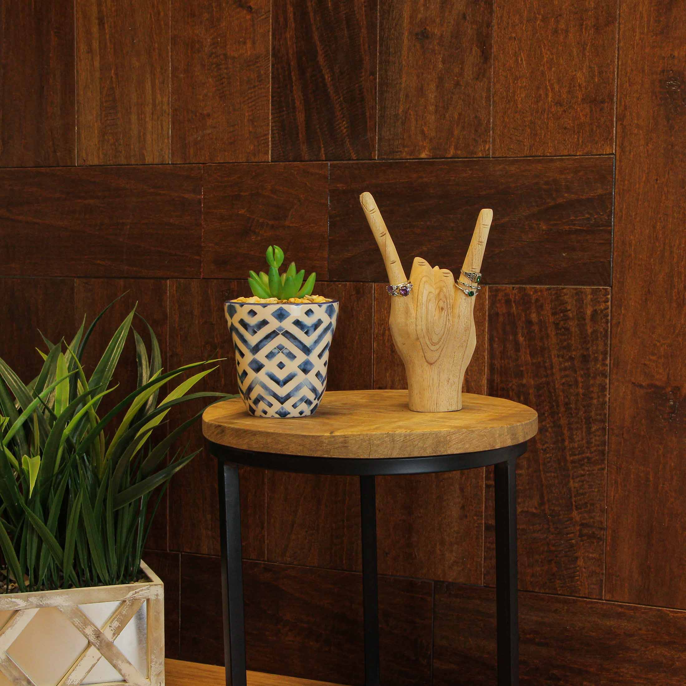 Zeckos Carved Wooden Rock On Devil Horns Hand Gesture Statue Natural ...