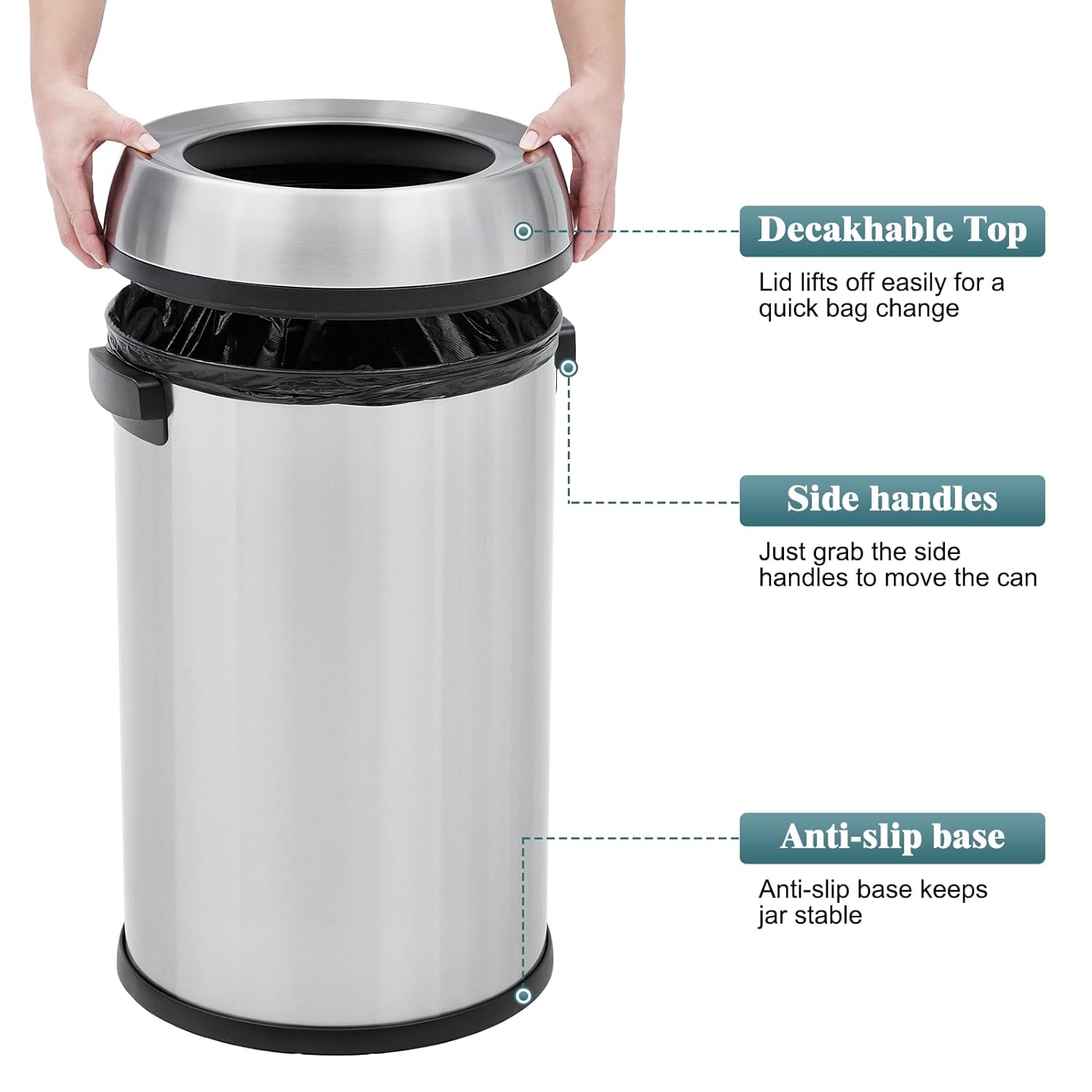 Homhougo 65L/17Gal Fingerprint Proof Stainless Steel Swing Top Trash ...